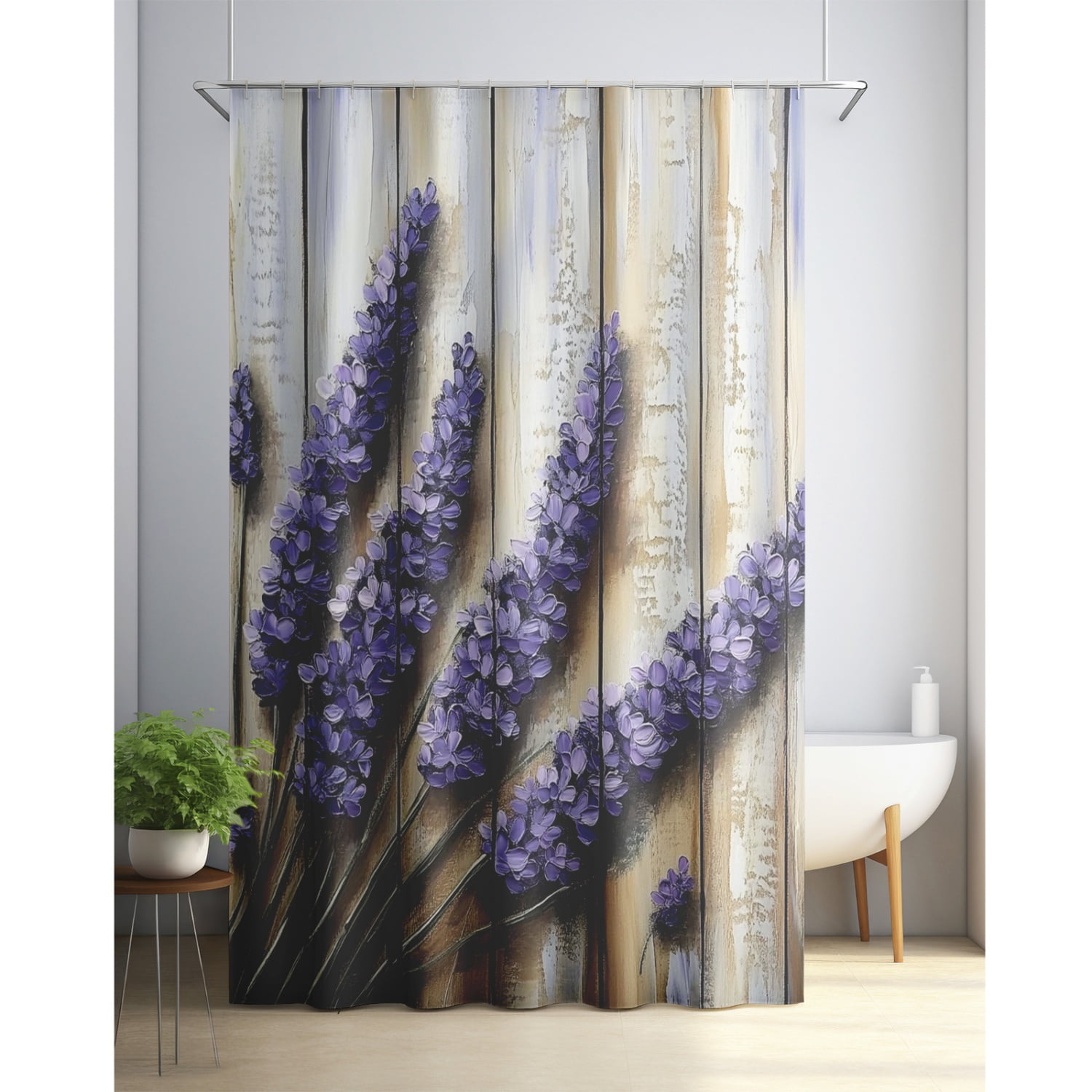 Lavender shower curtain, rustic farmhouse concept background with ...