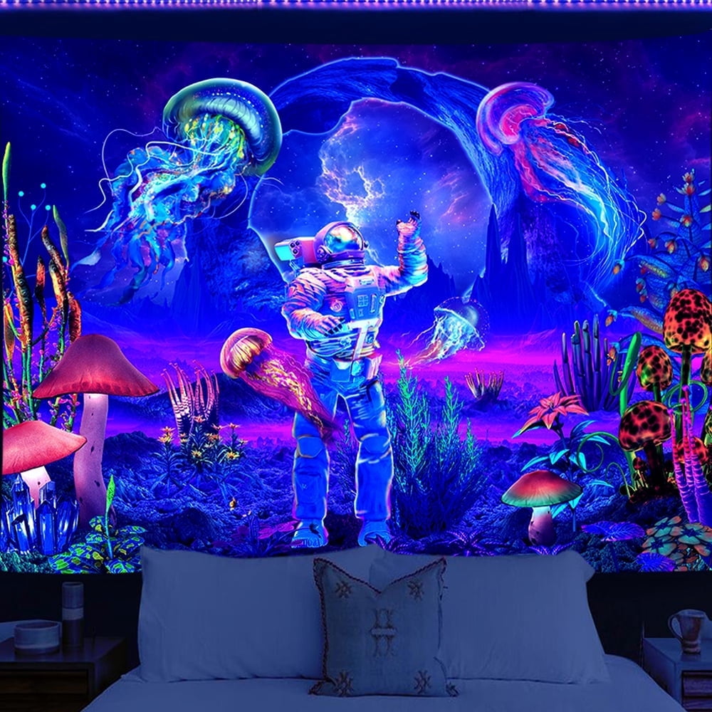 Y YUNHSOM Blacklight Astronaut Tapestry UV Reactive Plants Jellyfish ...