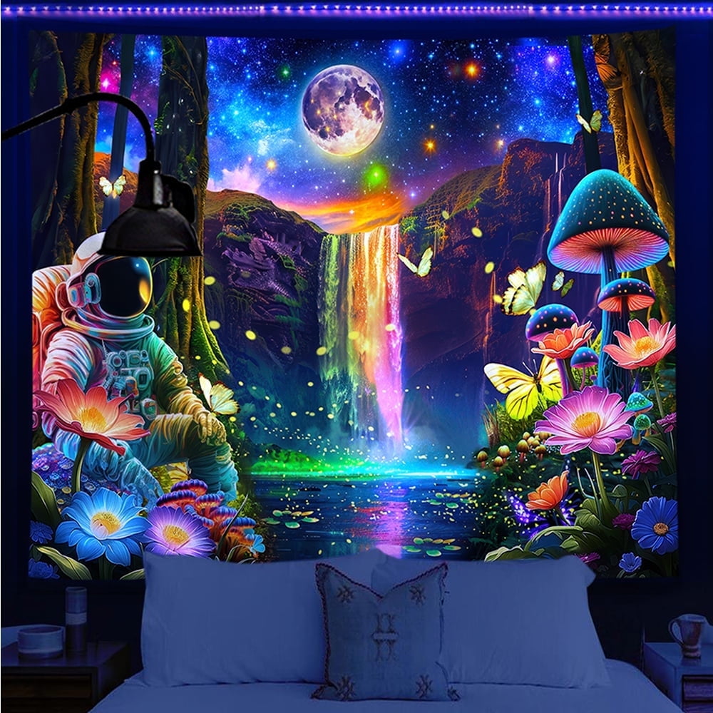 Y YUNHSOM Blacklight Fantasy Forest Tapestry Astronaut Tapestries UV Reactive Fantasy Forest ...
