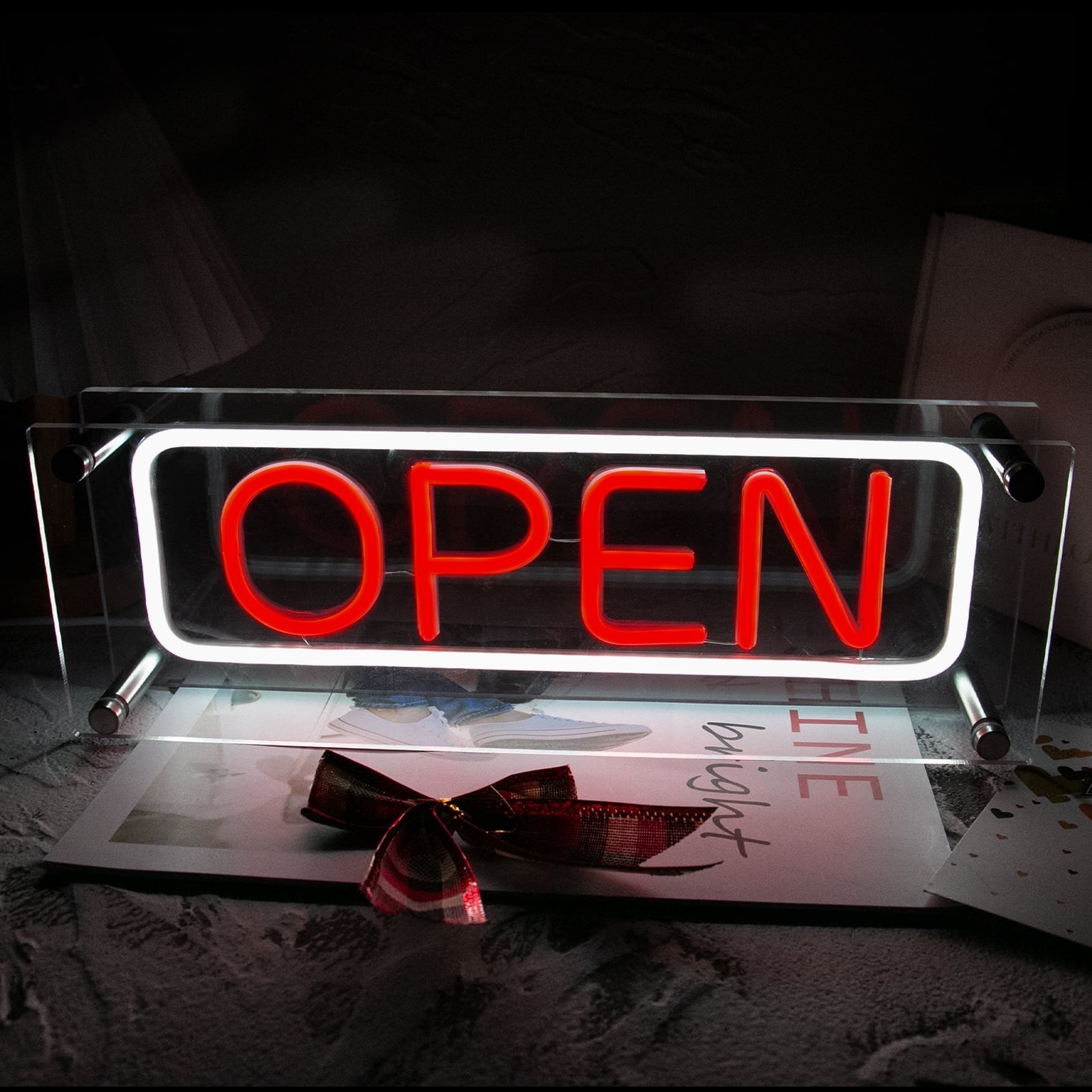 Lavish Cover Open Neon Sign Red White LED Sign USB Powered Neon Light up Signs 13.8*4.7 Inches ...