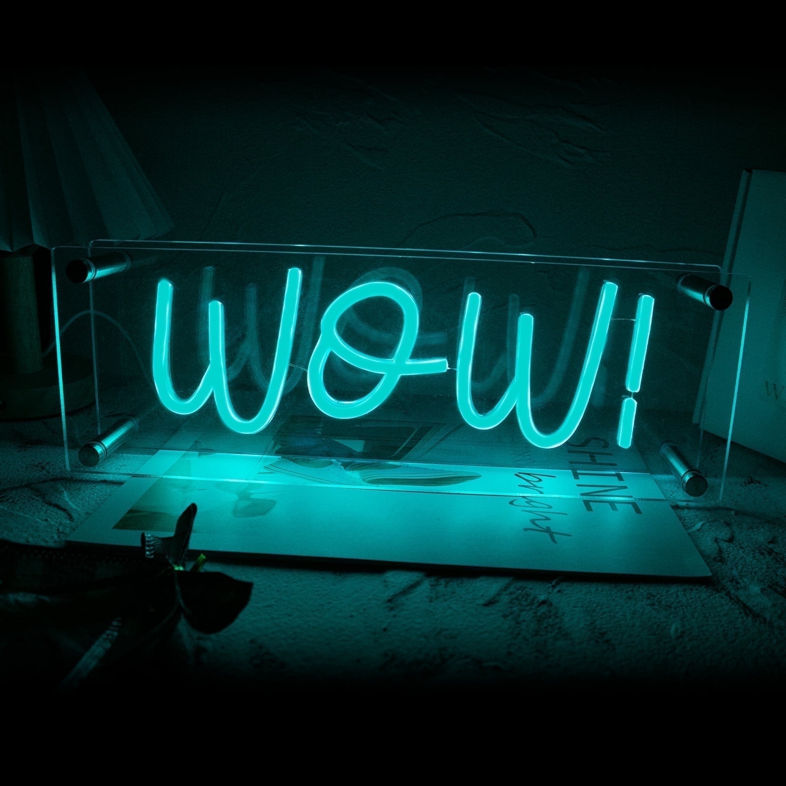 Y YUNHSOM WOW Neon Sign for Table Decoration,13.8*4.7 Inches USB ...