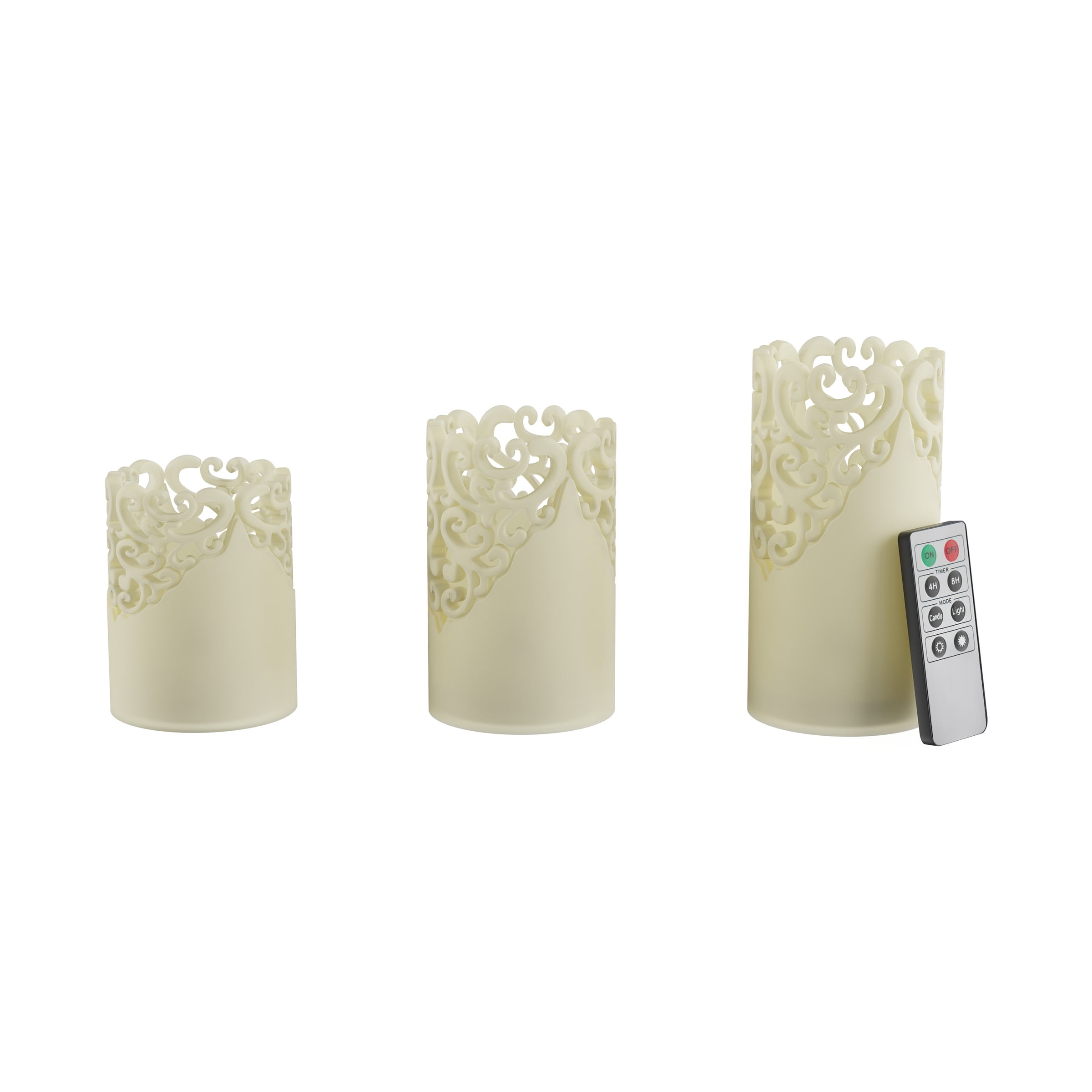 Lavish Home 3-Piece Lace Detailed Flameless LED Pillar Candles Set with ...