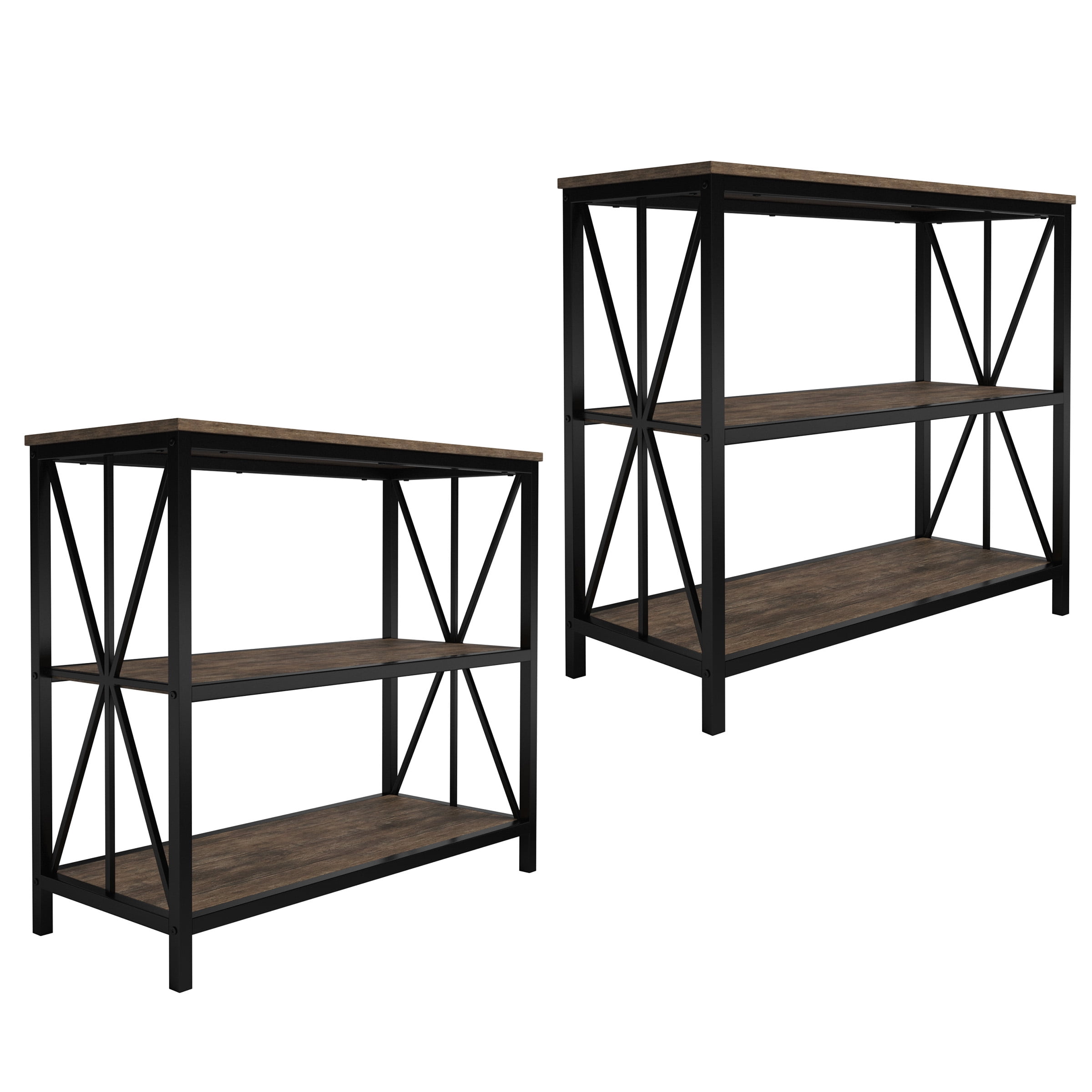Lavish Home 3-Tier Bookshelf Set – Set of 2 Wooden Shelves, Brown ...