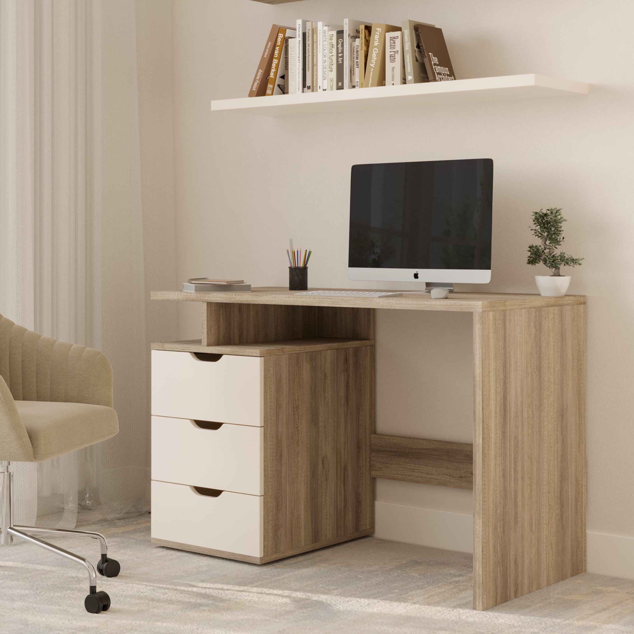 Lavish Home Computer Desk with Attached 3-Drawer File Cabinet (White ...