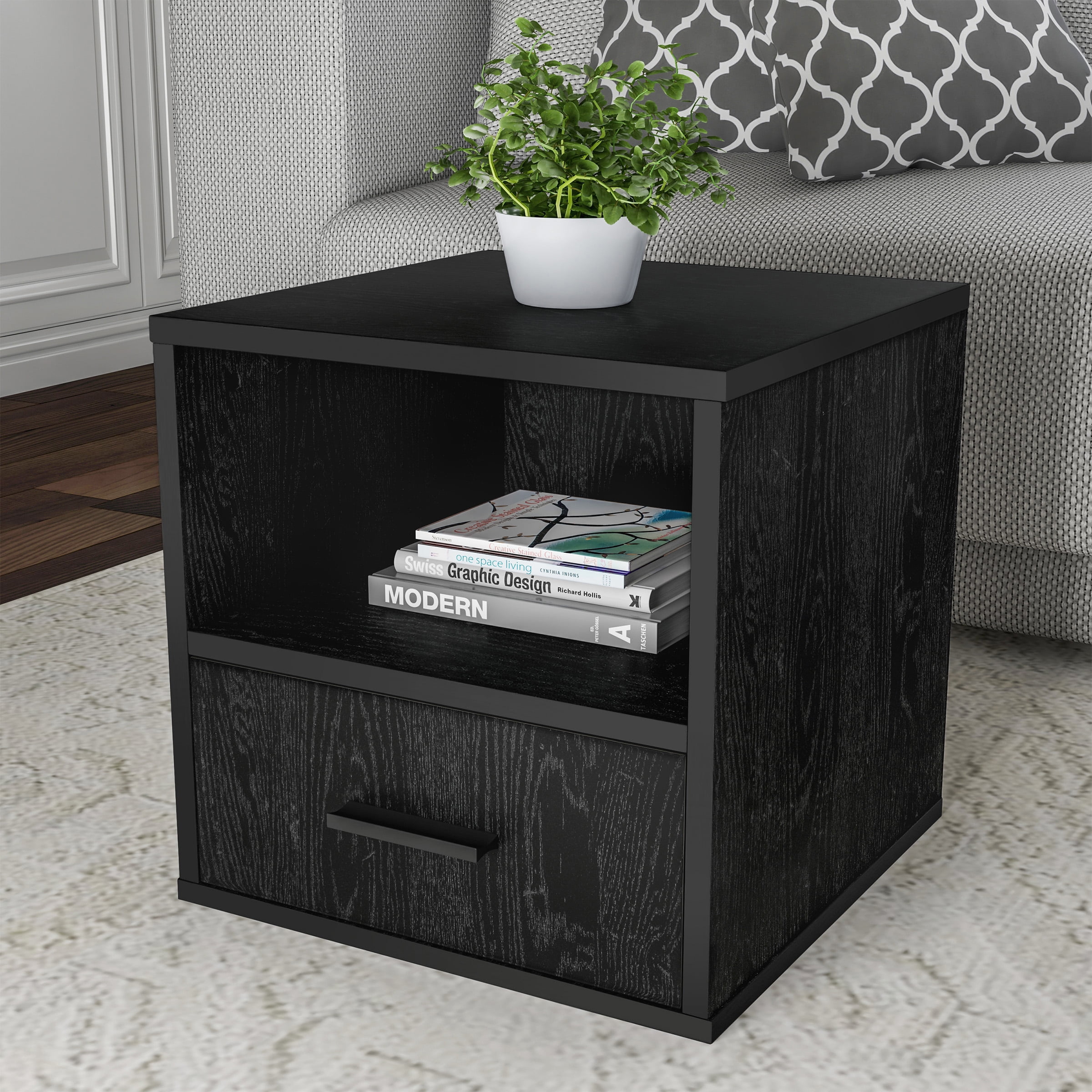 Lavish Home End Table with Storage - Minimalist Modern Nightstand or ...