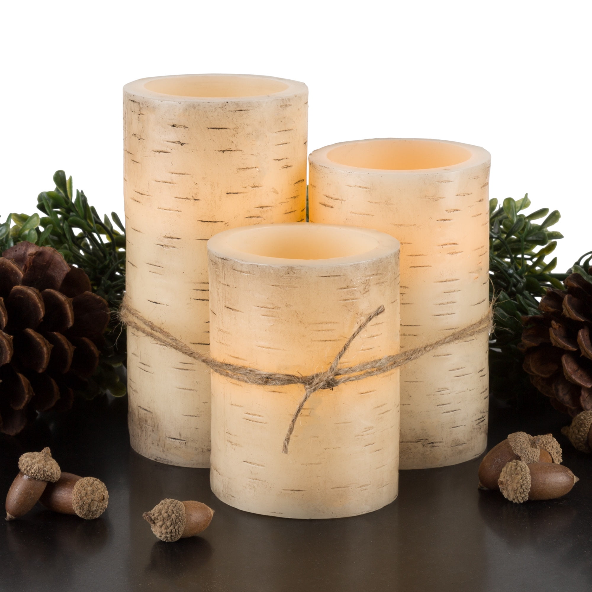 Lavish Home Set of 3 Birch Bark Flameless LED Pillar Candles with ...