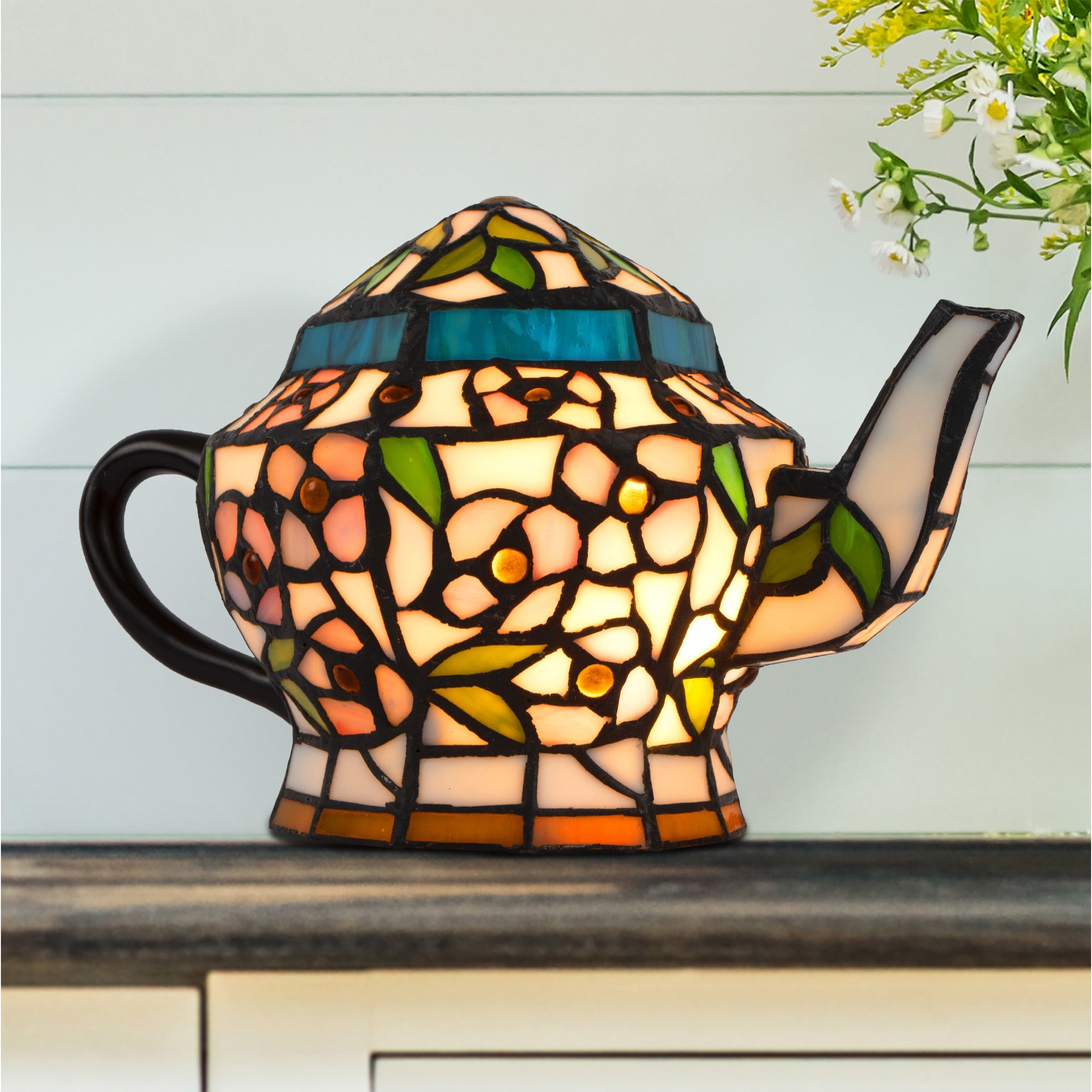 Lavish Home Teapot Lamp - Tiffany Style Stained Glass Table or Desk ...