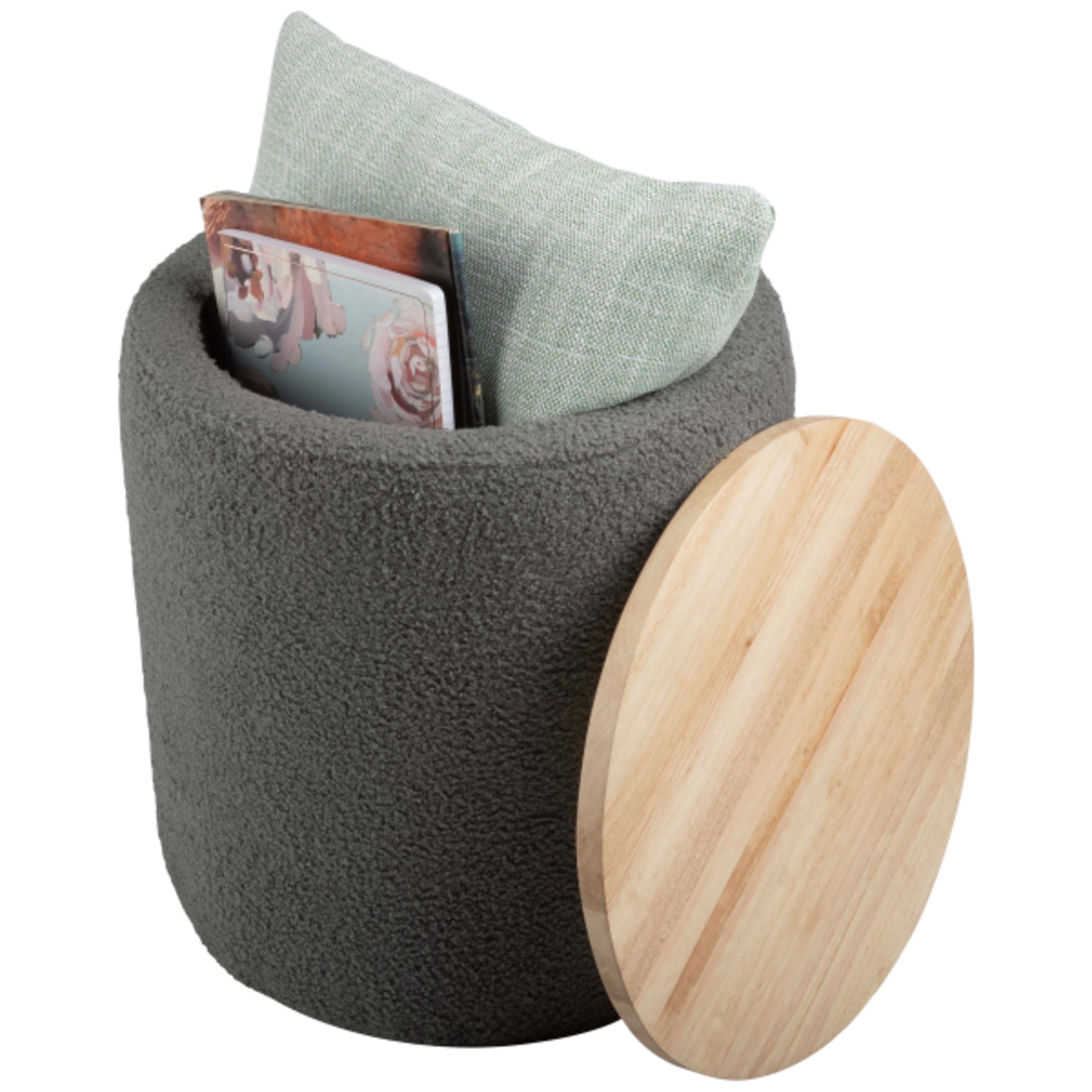 Lavish Home Gray Plush Teddy Upholstered Storage Ottoman with Wood Tray ...