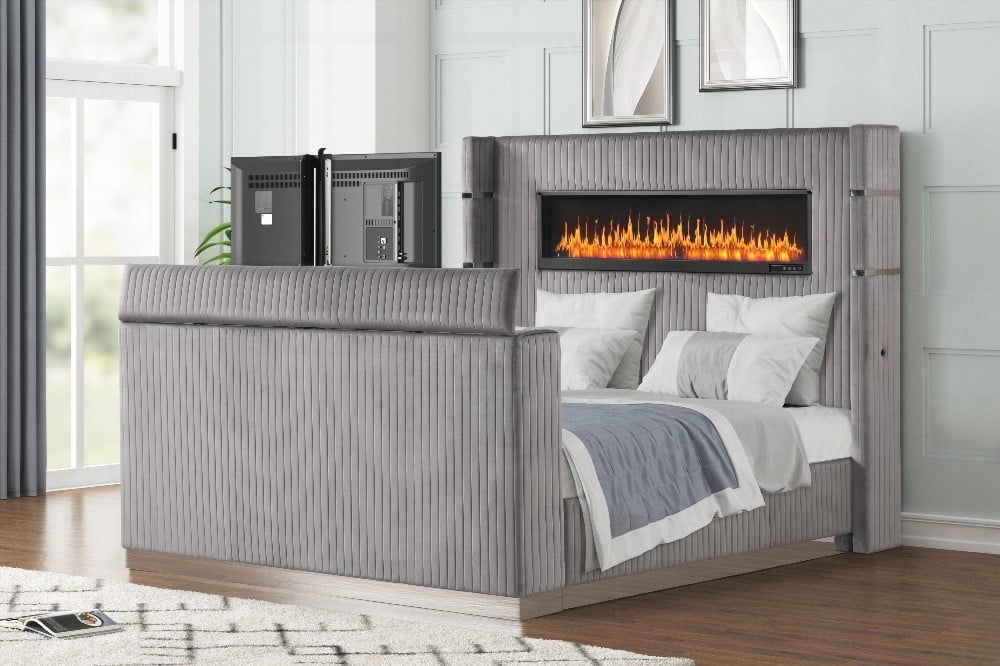 Lavish Modern King Bed with Fireplace Headboard & TV Stand Footboard in ...