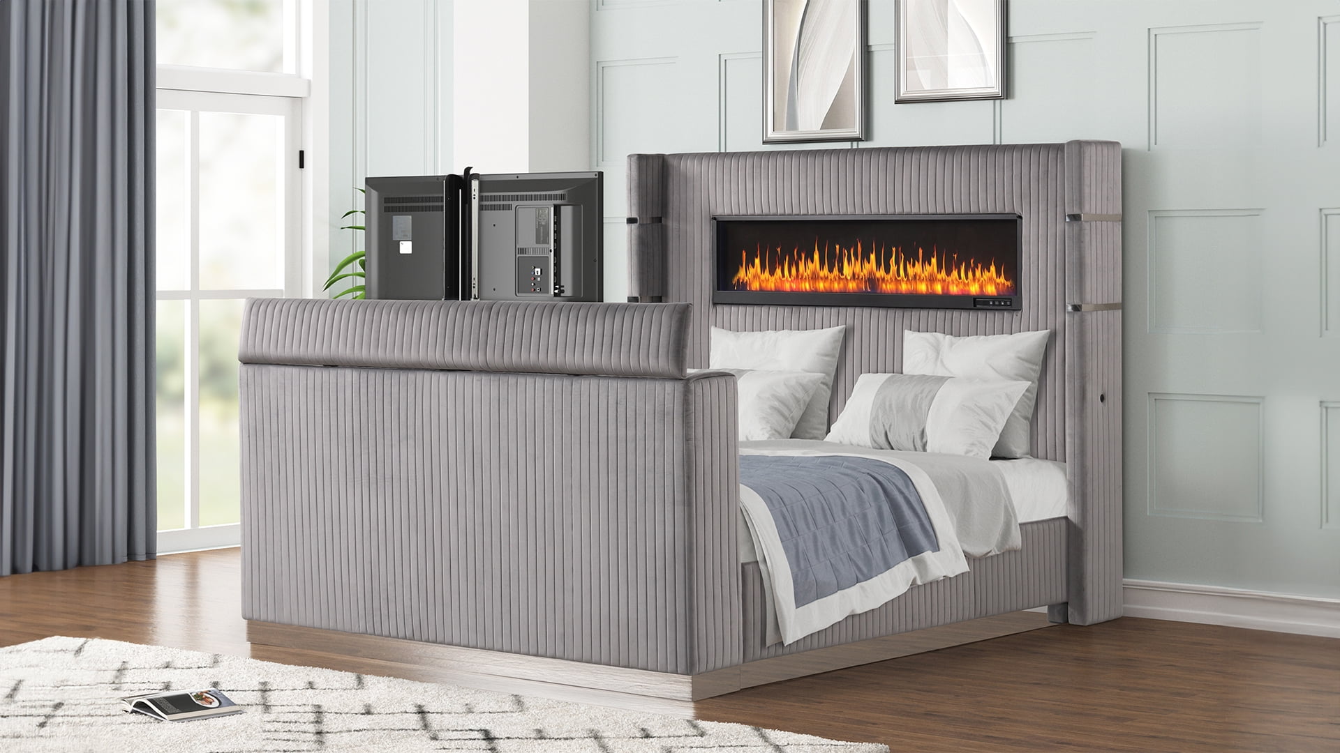 Lavish Modern Style King Bed with Fireplace and TV Stand made with Wood ...