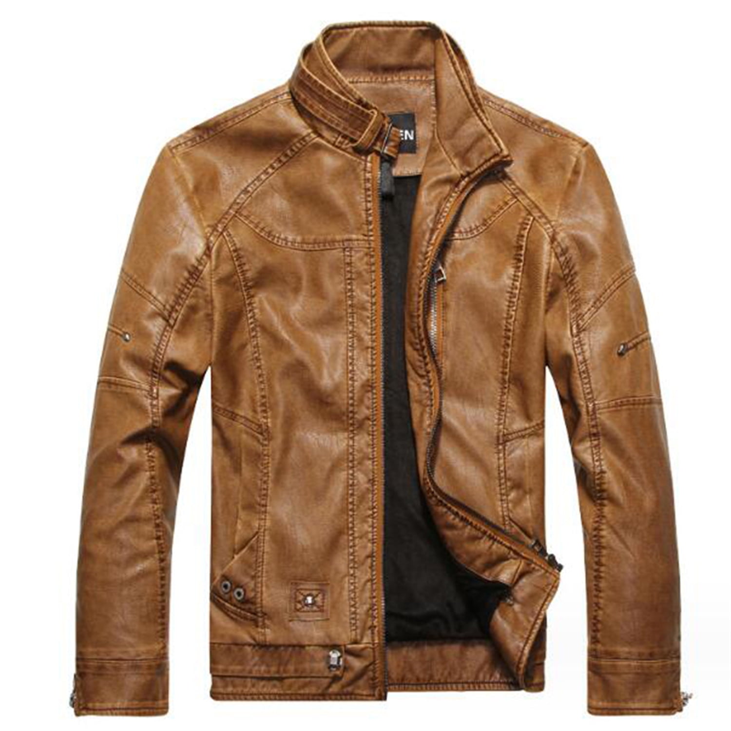 Lavnis Men Leather Jacket Winter Stand Collar Zipper Vintage Motorcycle ...