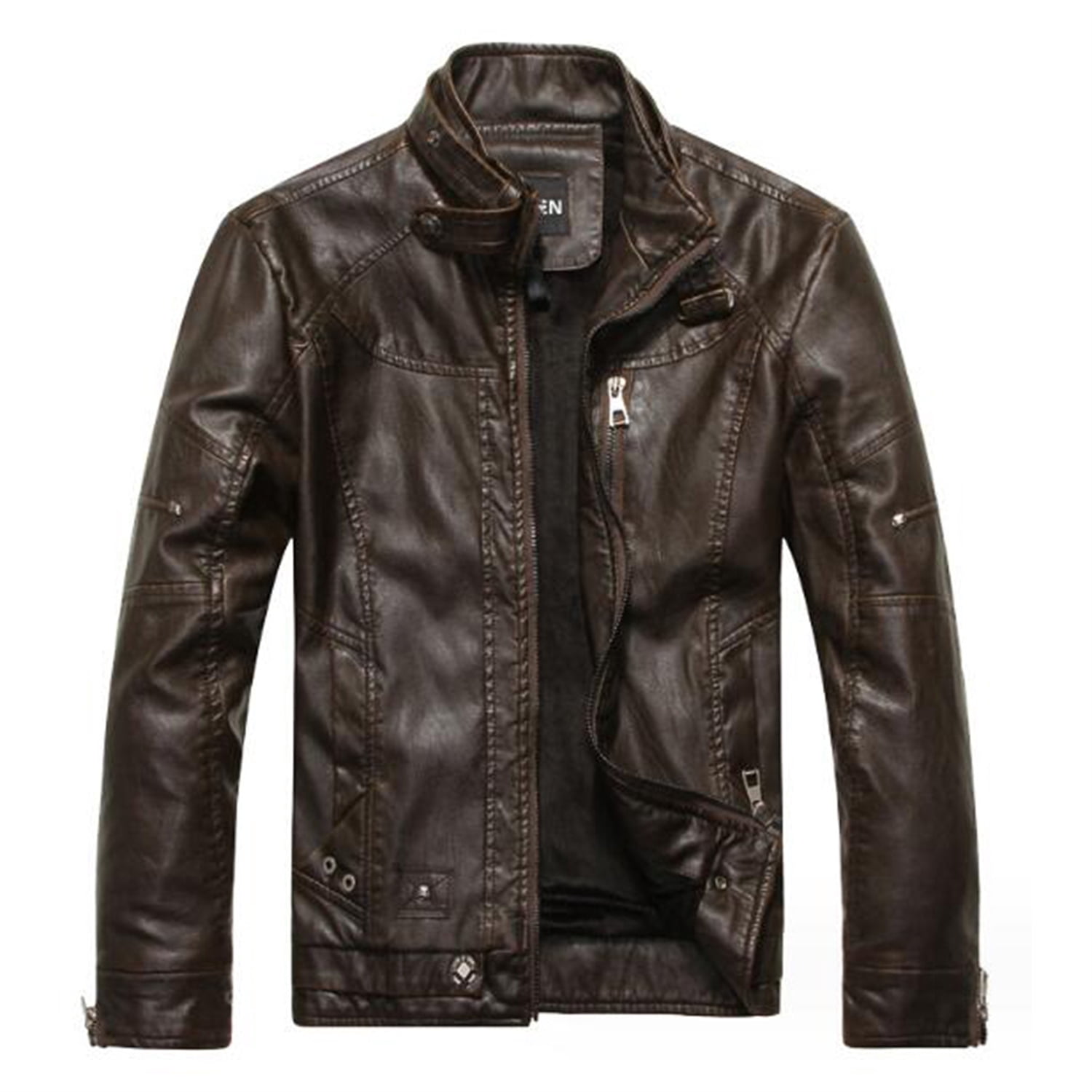 Lavnis Men Leather Jacket Winter Stand Collar Zipper Vintage Motorcycle ...