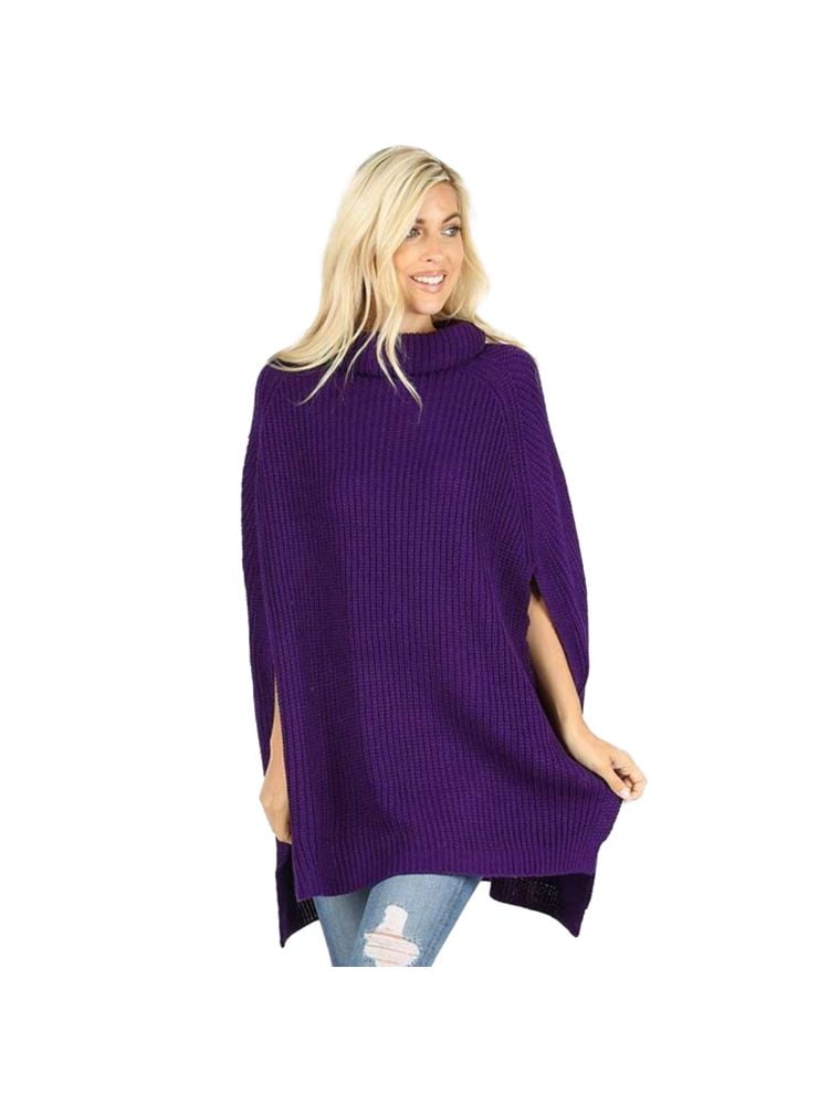 Lavra Women's Solid Knit Turtle Neck Poncho Pullover Cloak Sweater ...
