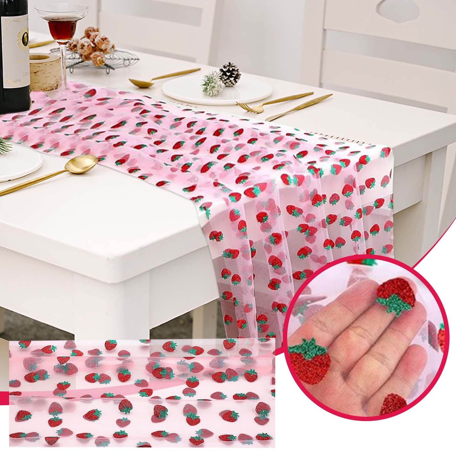 Lawor Strawberry Table Runner 59 Inch Pink Glitter Tulle Lace Rectangle ...