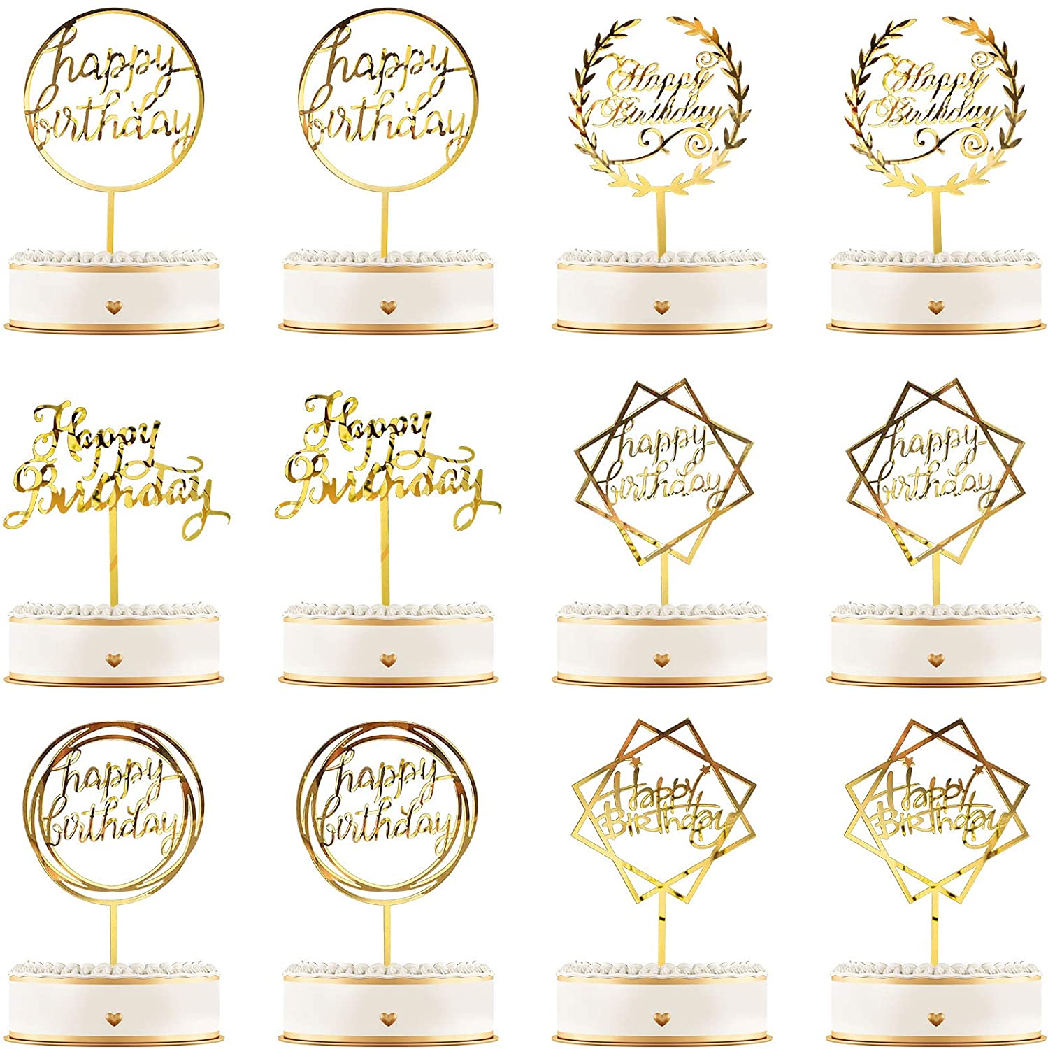 Lawq 12 Pieces Acrylic Happy Birthday Cake Topper Glitter Birthday ...