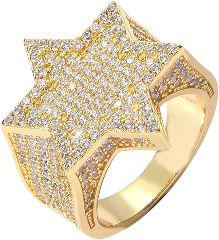 Lawq 14K Gold Silver Plated Iced Punk Six Point Star Ring for Men and ...