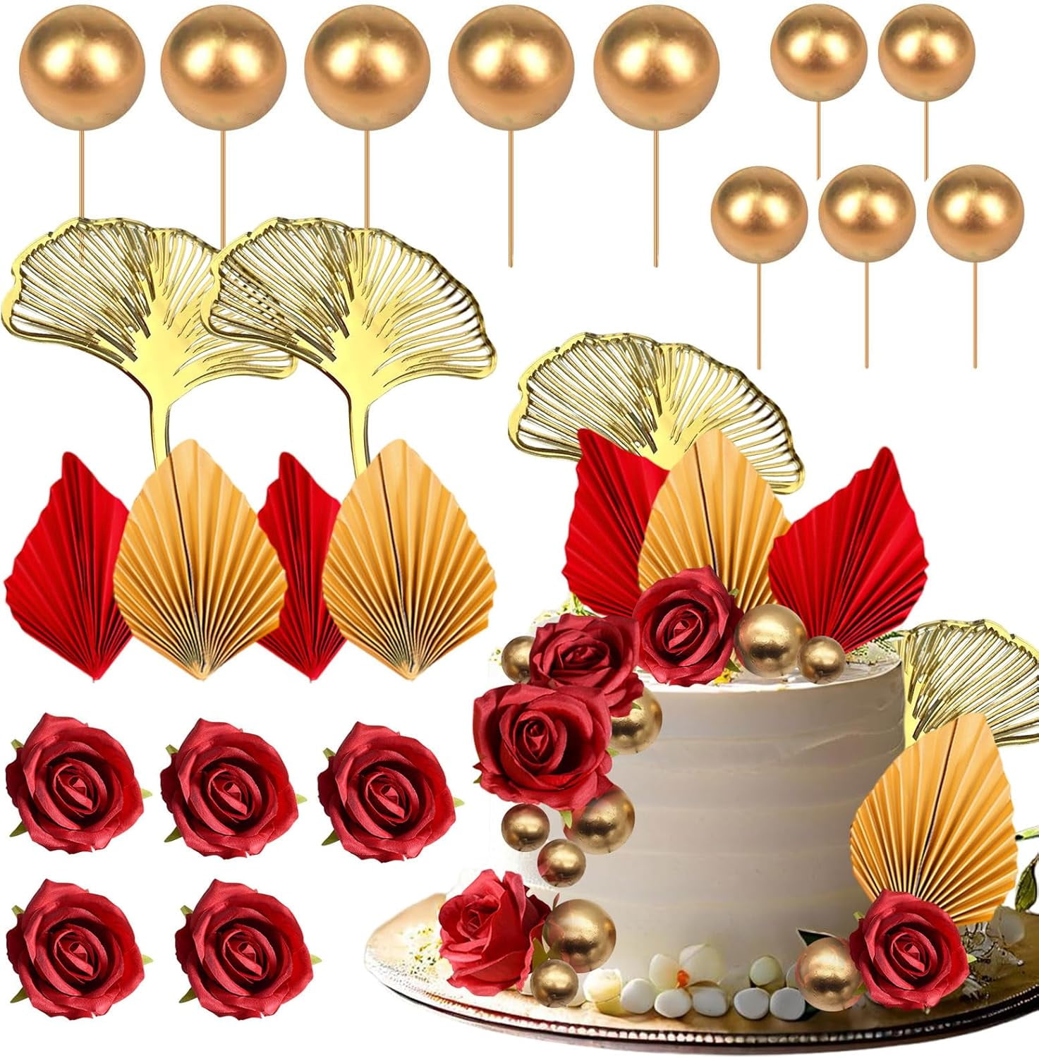 Lawq 21 Pcs Boho Cake Topper Balloons Cake Topper Rose Red Gold Palm ...