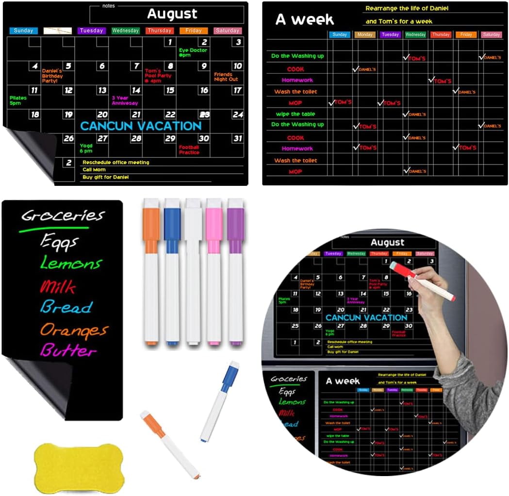 Lawq Magnetic Dry Erase Black Menu Board for Fridge 16" x 12", Monthly ...