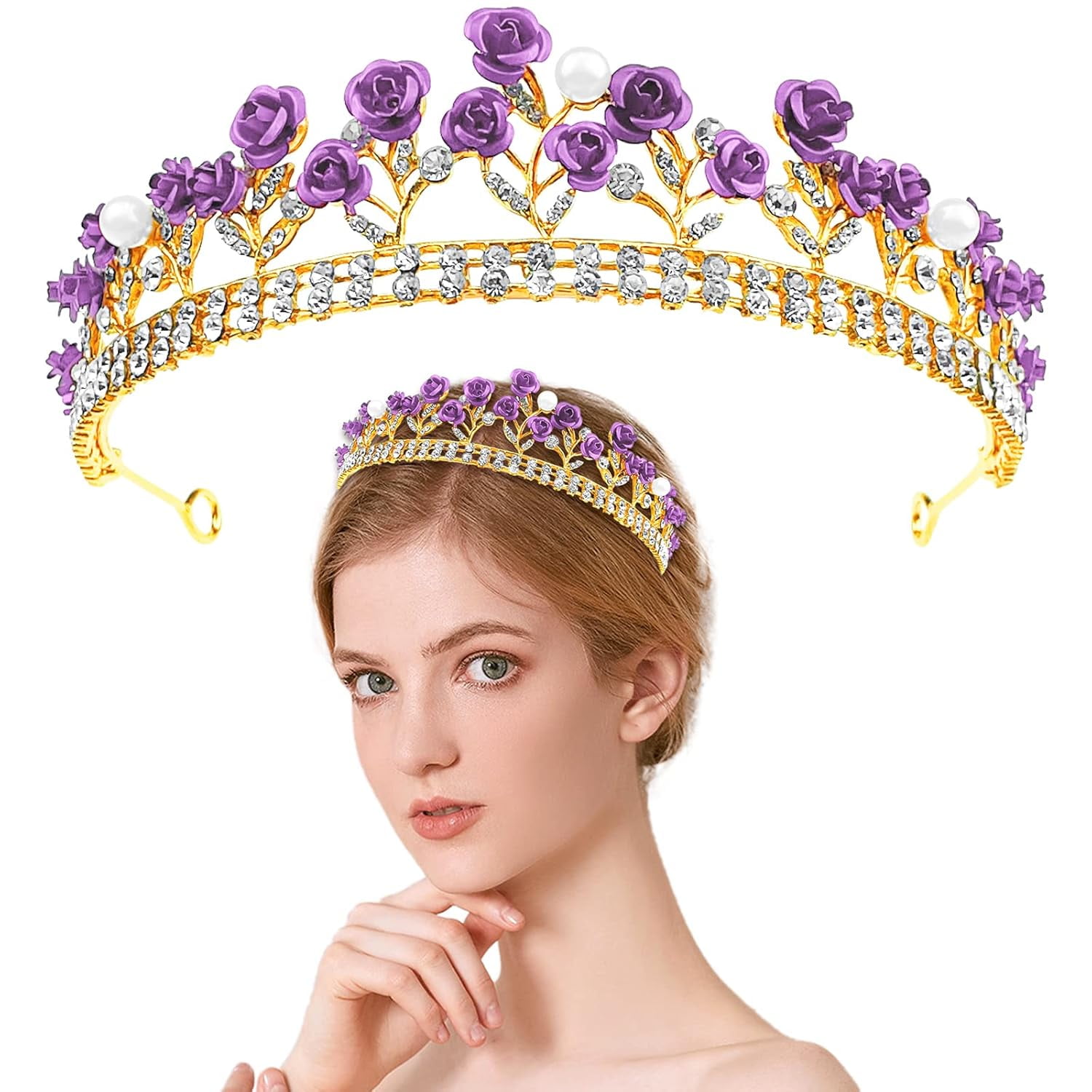 Lawq Purple Rose Tiaras Bridal Wedding Queen Crowns Gold Flower Baroque ...