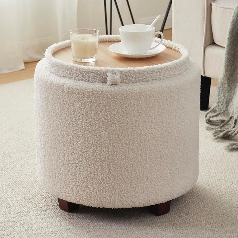 Lawrence Round Boucle Storage Ottoman with Lift Off Lid and Tray Lid ...