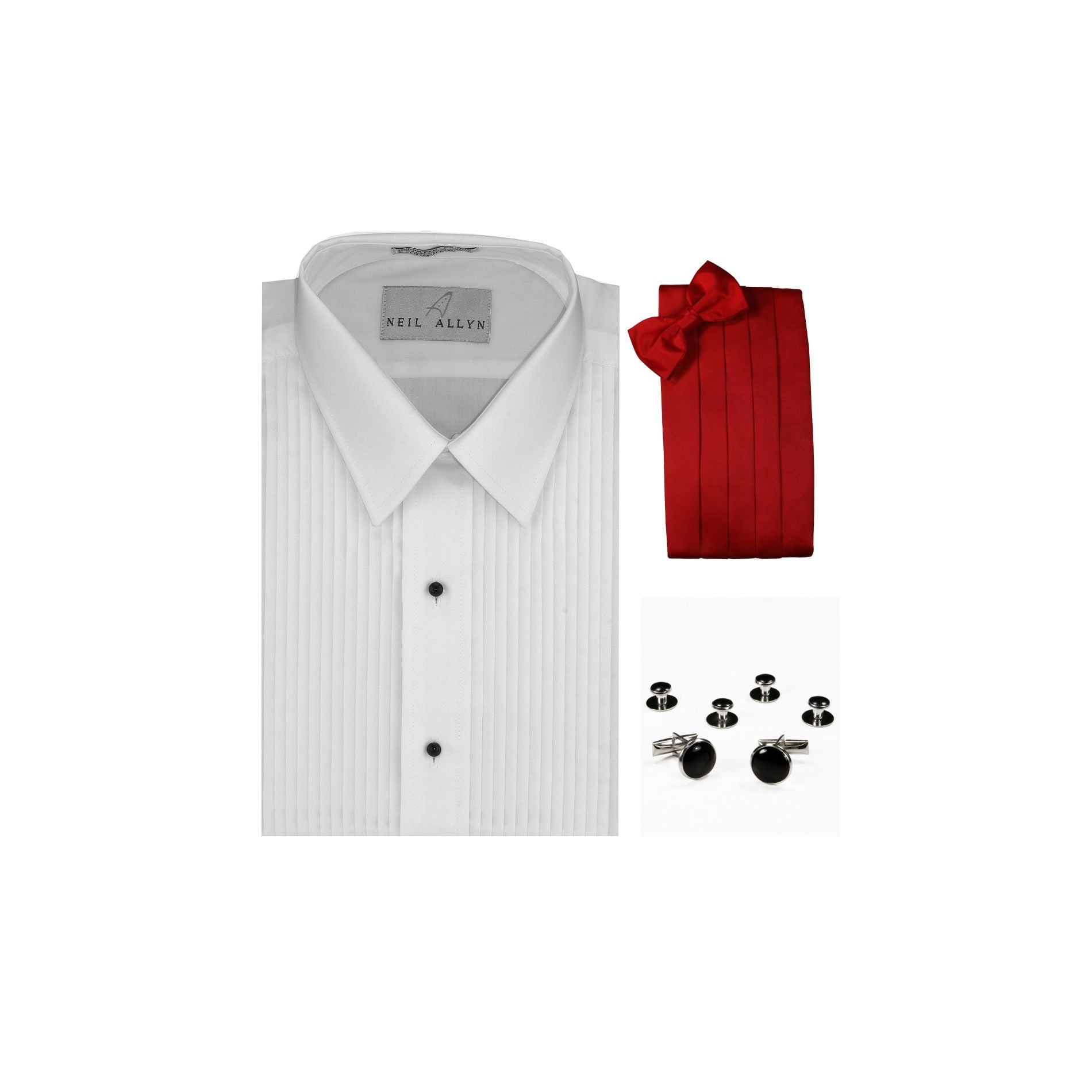 Lay-Down Collar Formal Tuxedo Shirt, Red Cummerbund, Bow-Tie, Cuff ...