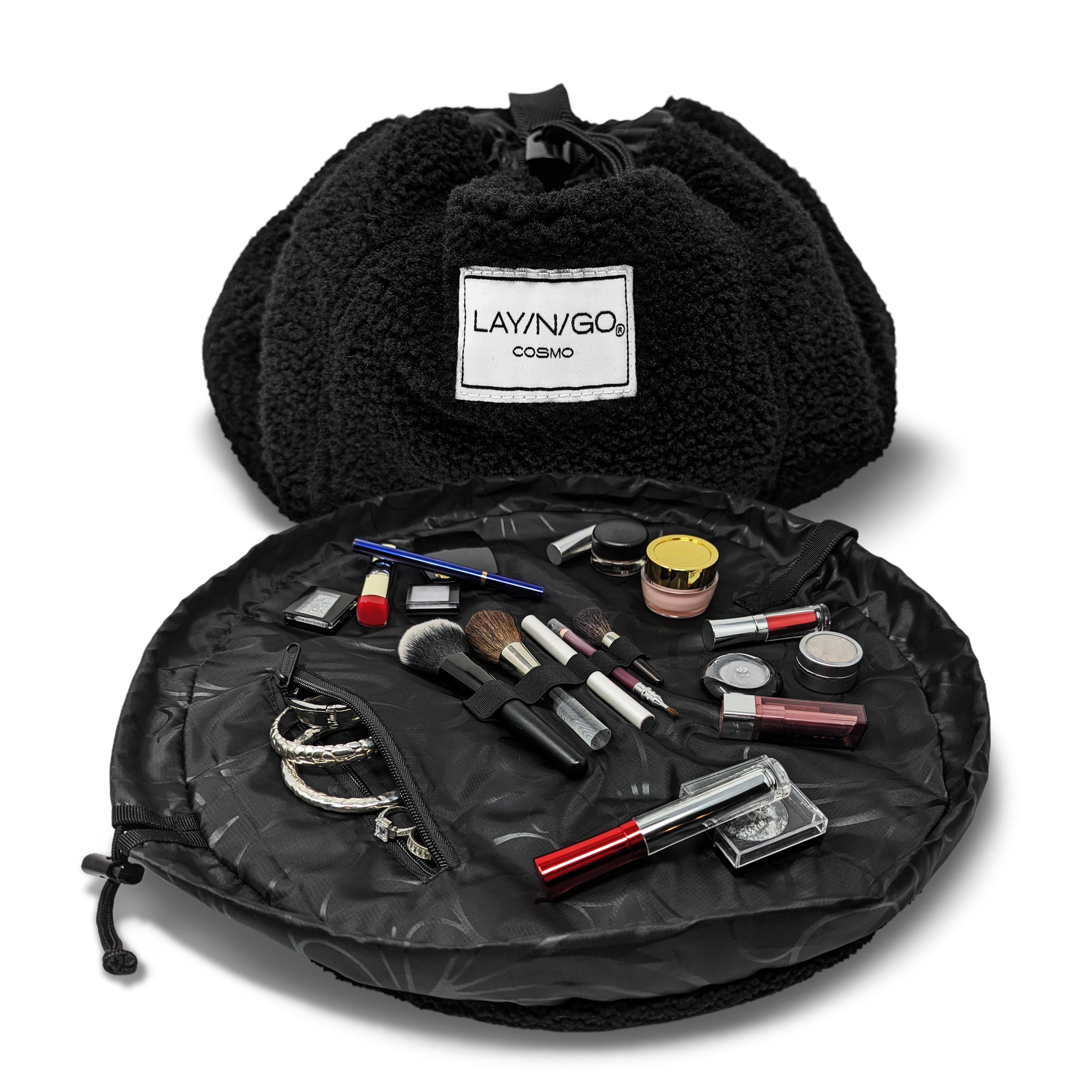 Lay-n-Go COSMO (20") Black Sherpa Drawstring Cosmetic Makeup Bag ...