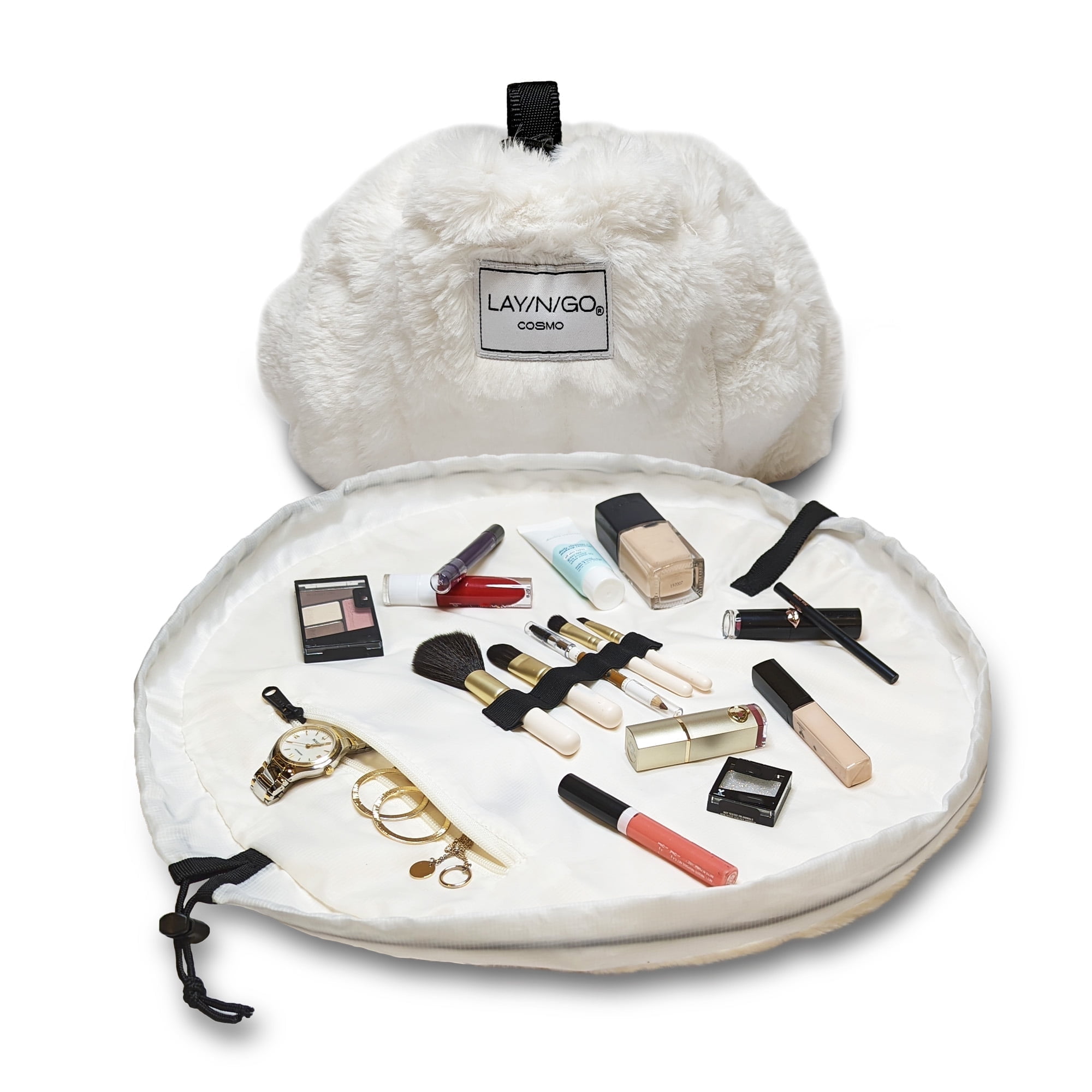 Lay-n-Go COSMO Comfort (20") White Fur Drawstring Cosmetic Makeup Bag ...
