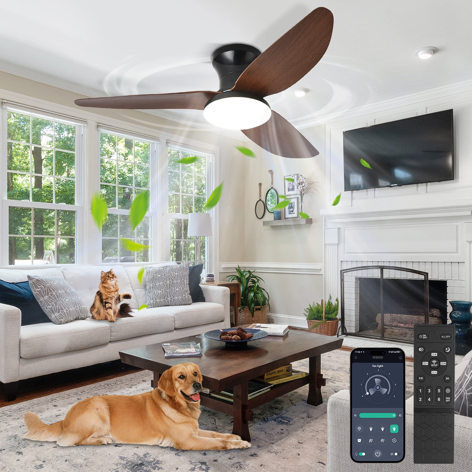 Laybasic 39" Ceiling Fans with Lights and Remote/APP Control, Flush Mount Low Profile Farmhouse ...