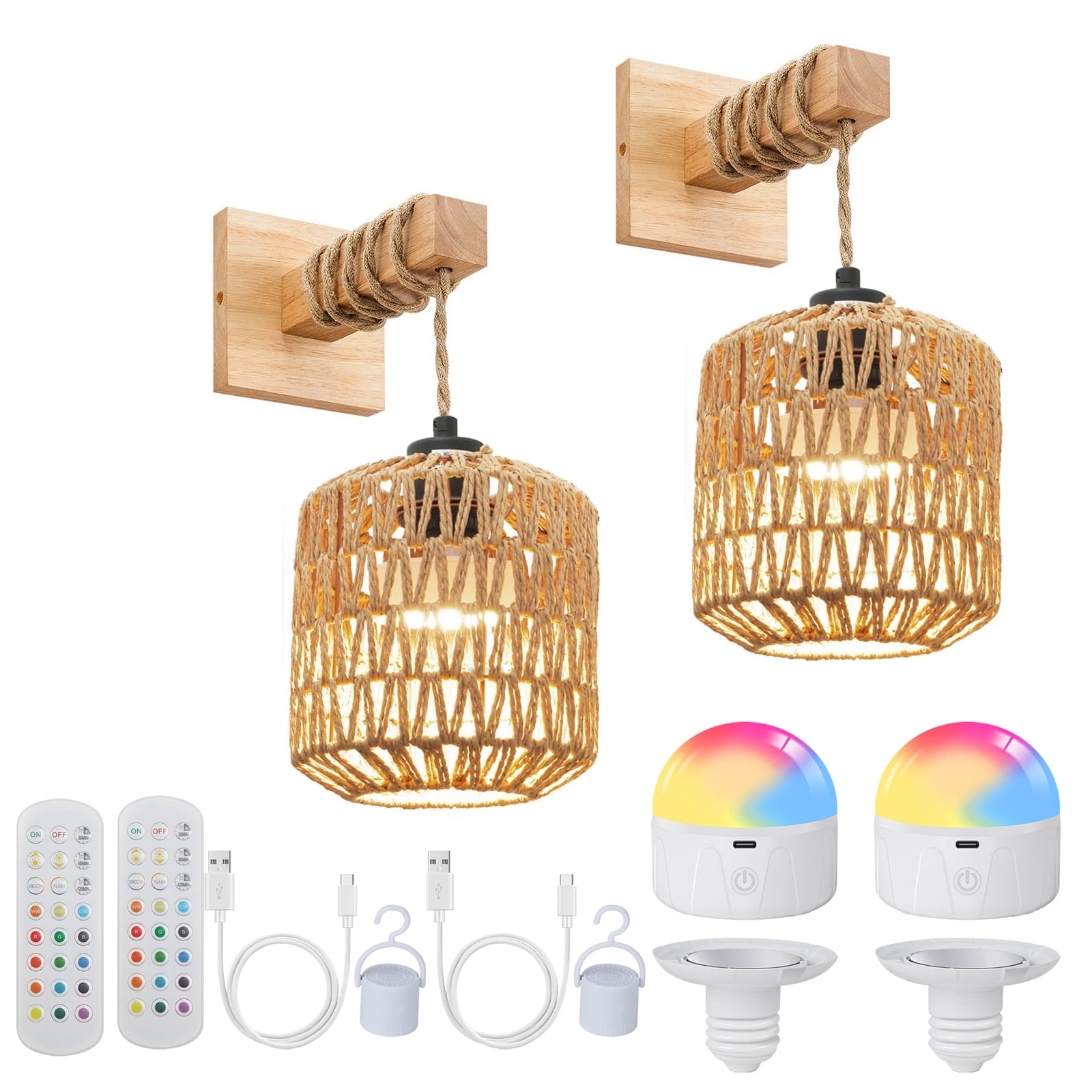 Laybasic Rattan Boho Wall Sconces Set of Two, Battery Operated ...