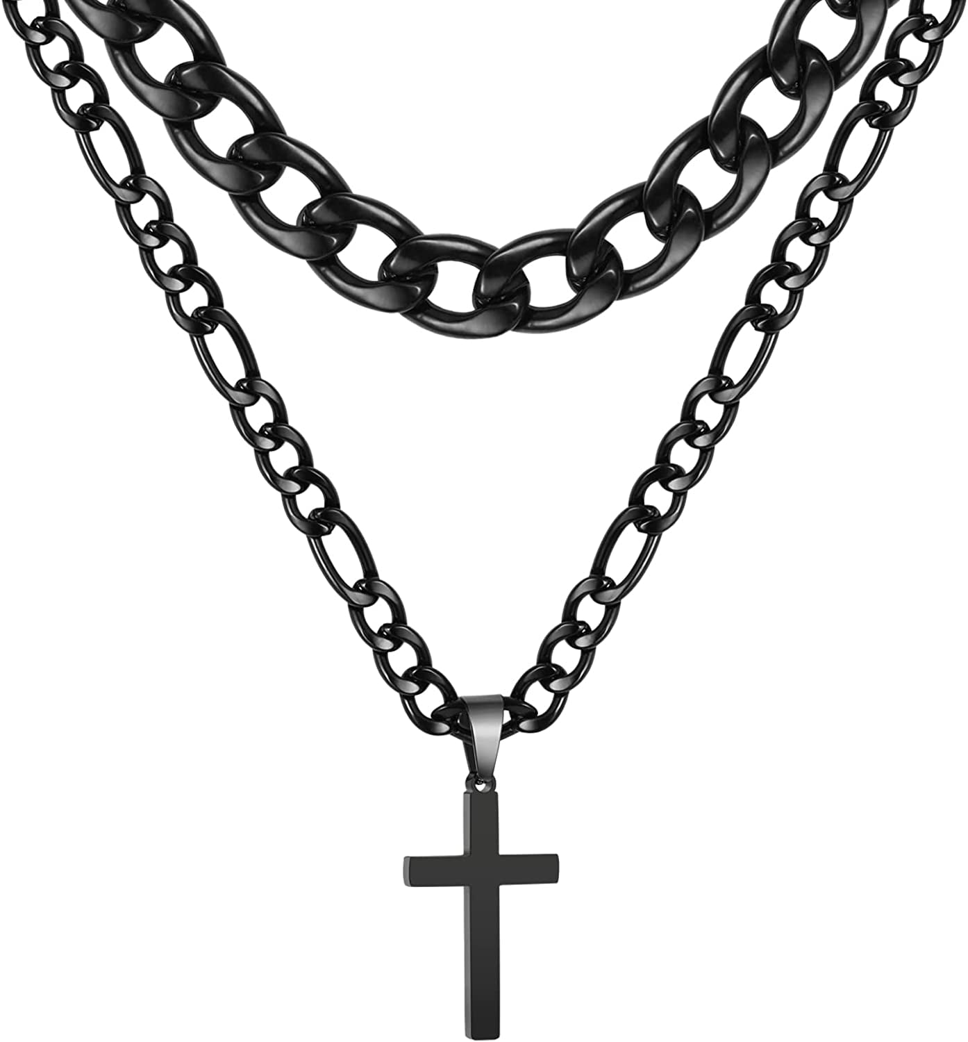 Layered Black Cross Necklace For Men Stainless Steel Cuban Figaro ...