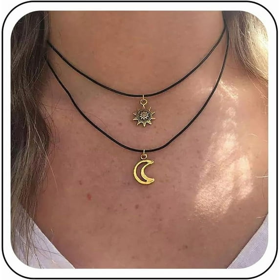 Layered Black Leather Choker Necklace Sun Moon Star Pendant Velvet ...
