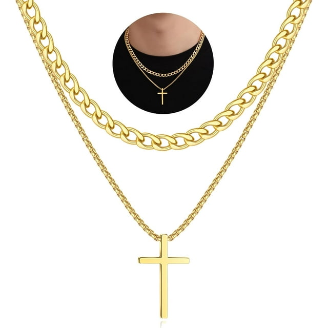 Layered Cross Necklace For Men 14k Gold Silver Stainless Steel Cuban
