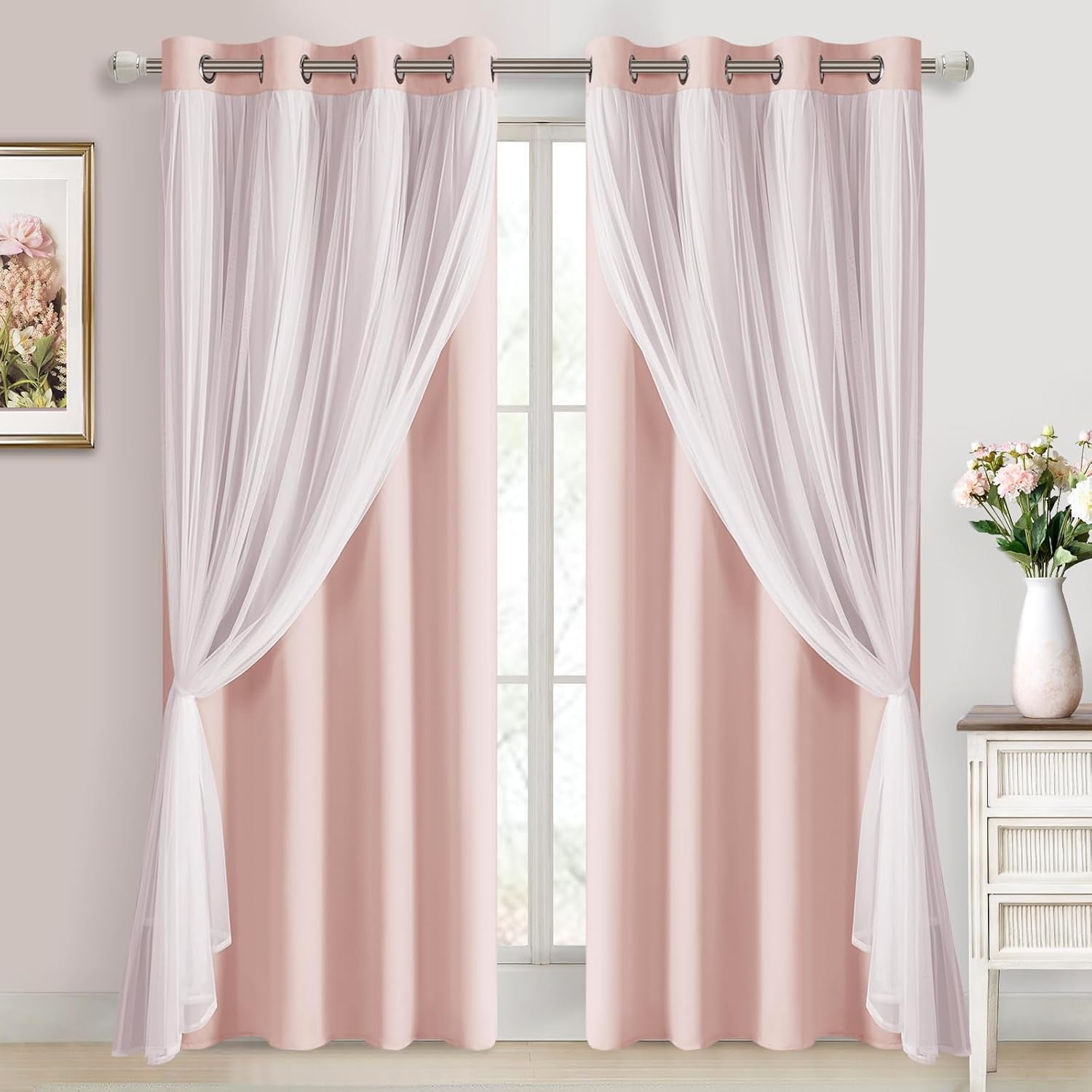 Layered Curtains Blackout and Sheer Curtains with Tiebacks - Walmart.com