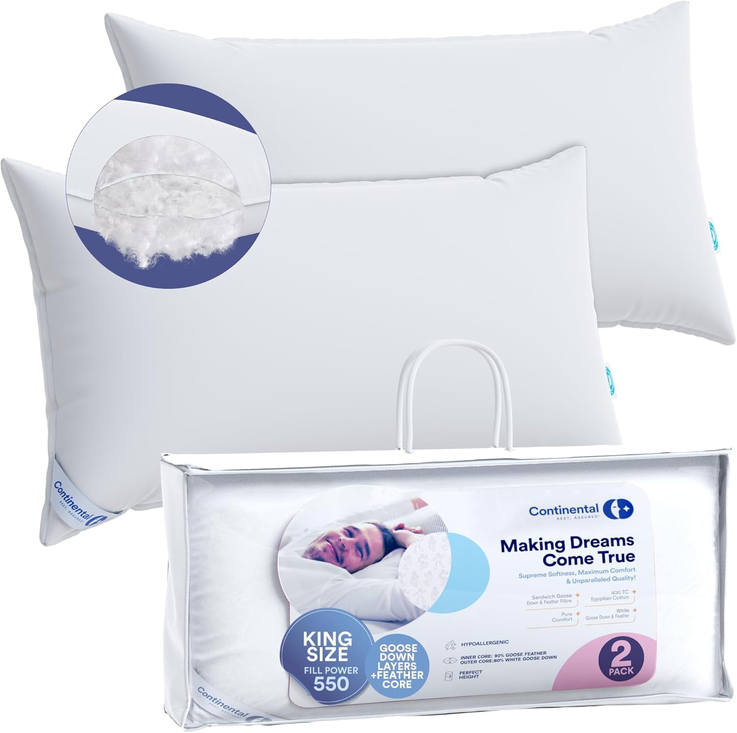 Continental Bedding Premium Down and Feather Blend Pillows, Endless ...