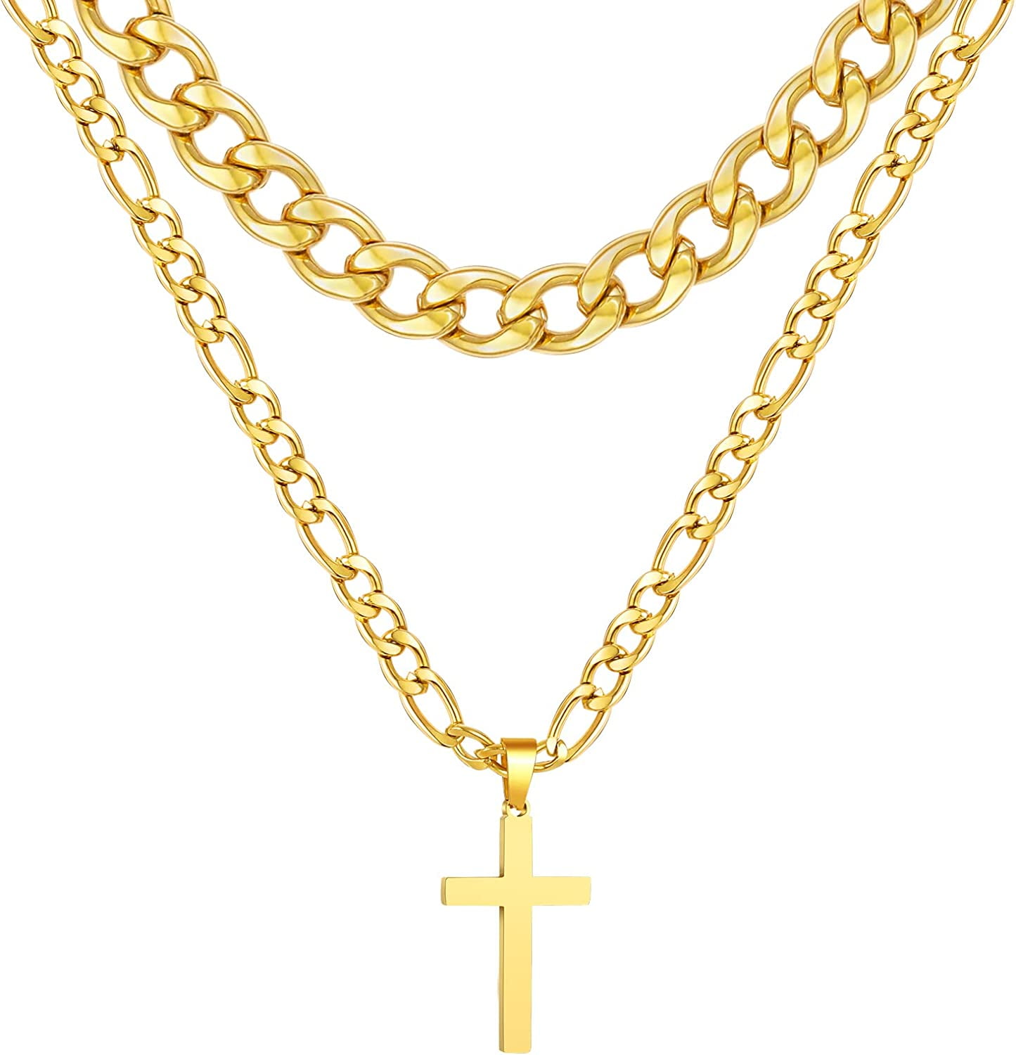 APSVO Layered Gold Cross Necklaces for Men, Stainless Steel Figaro ...