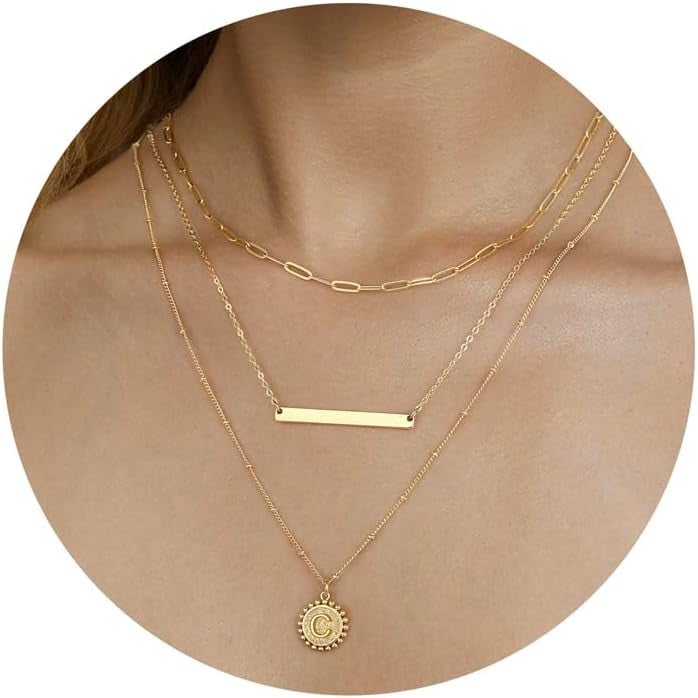 Layered Gold Necklace for Women 14K Gold Plated Initial Necklaces for Women Dainty Coin Letter Necklace Layered Necklace Set Gold Jewelry for Women