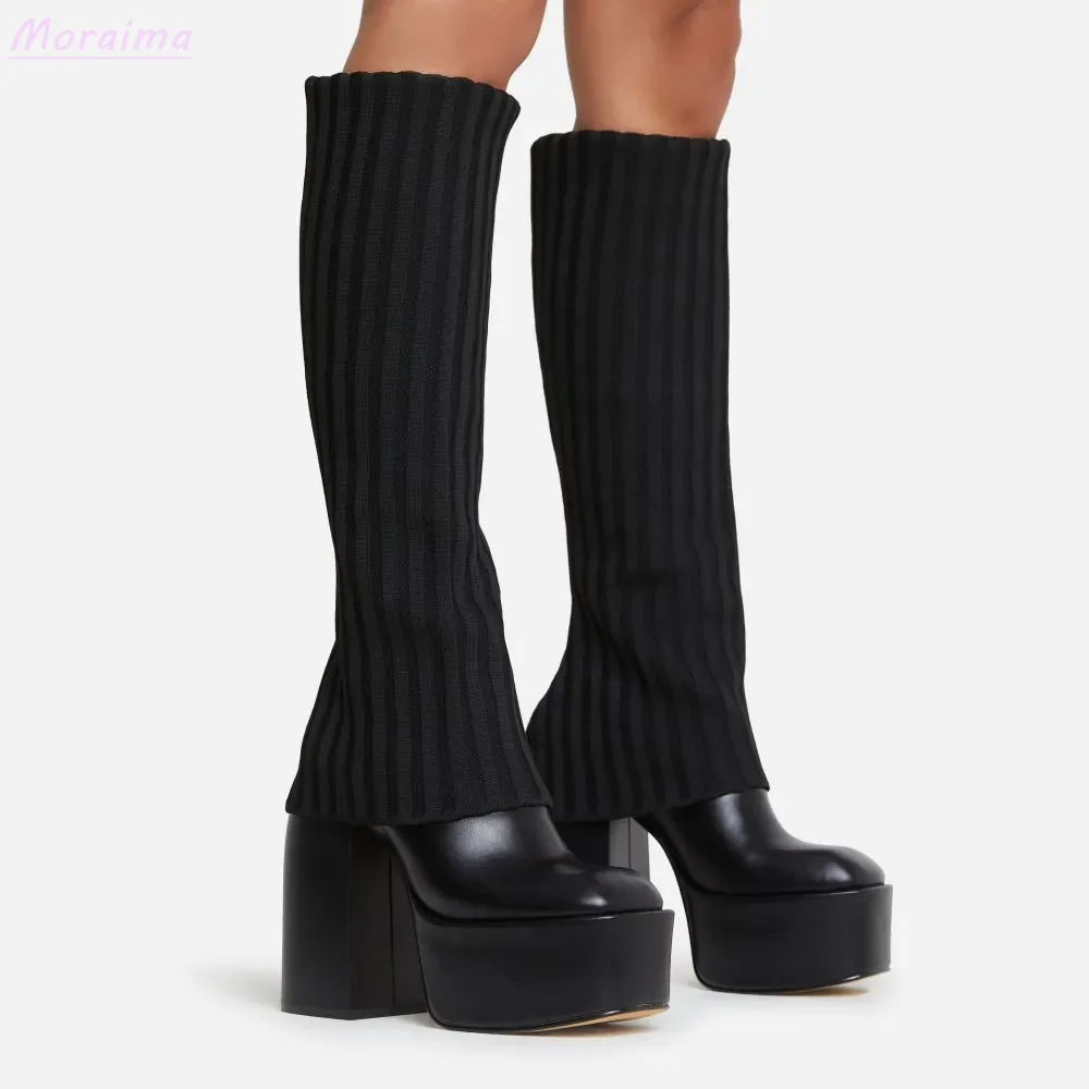 Layered Knit Leather Knee-High Boots Platform Block Chunky Heel Pointed ...