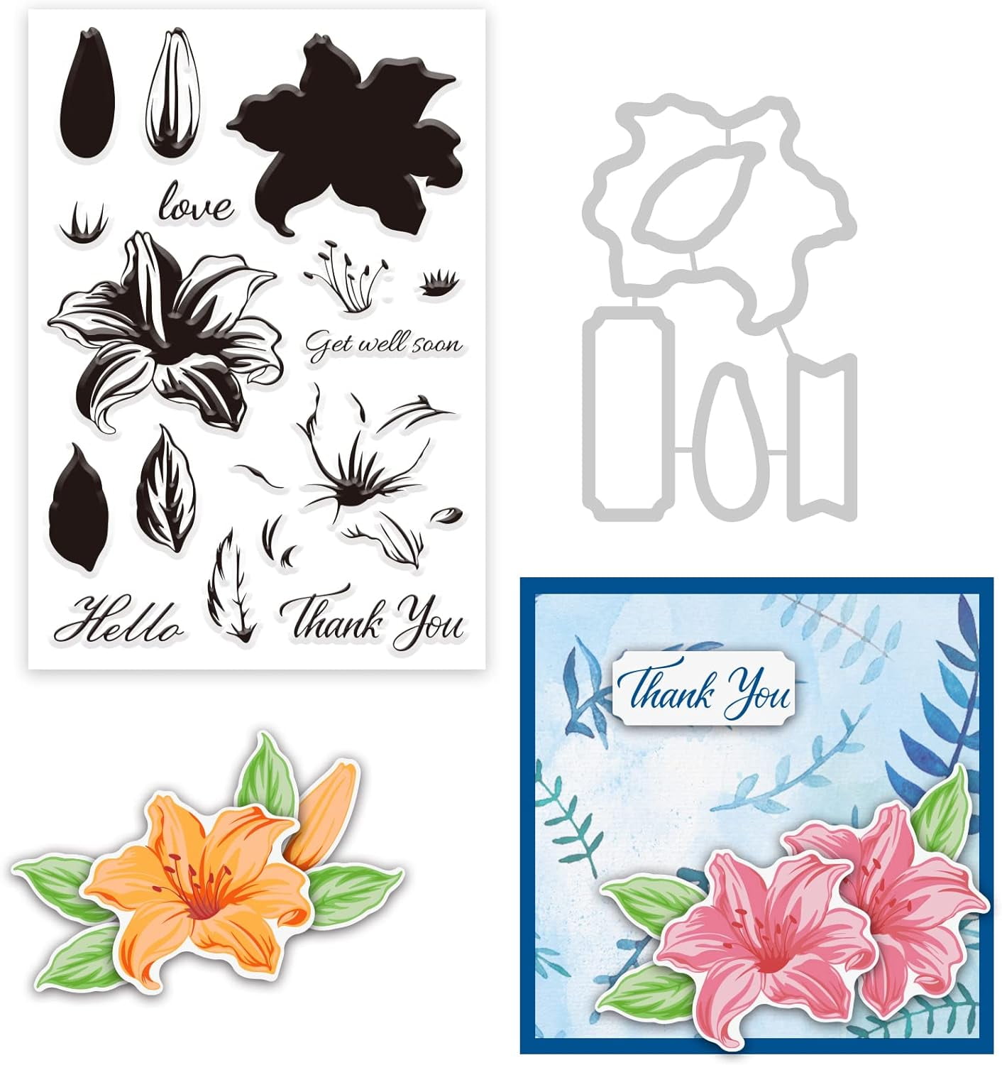 Layered Lily Theme Clear Stamps and Die Cuts Layering Flowers Leaves ...