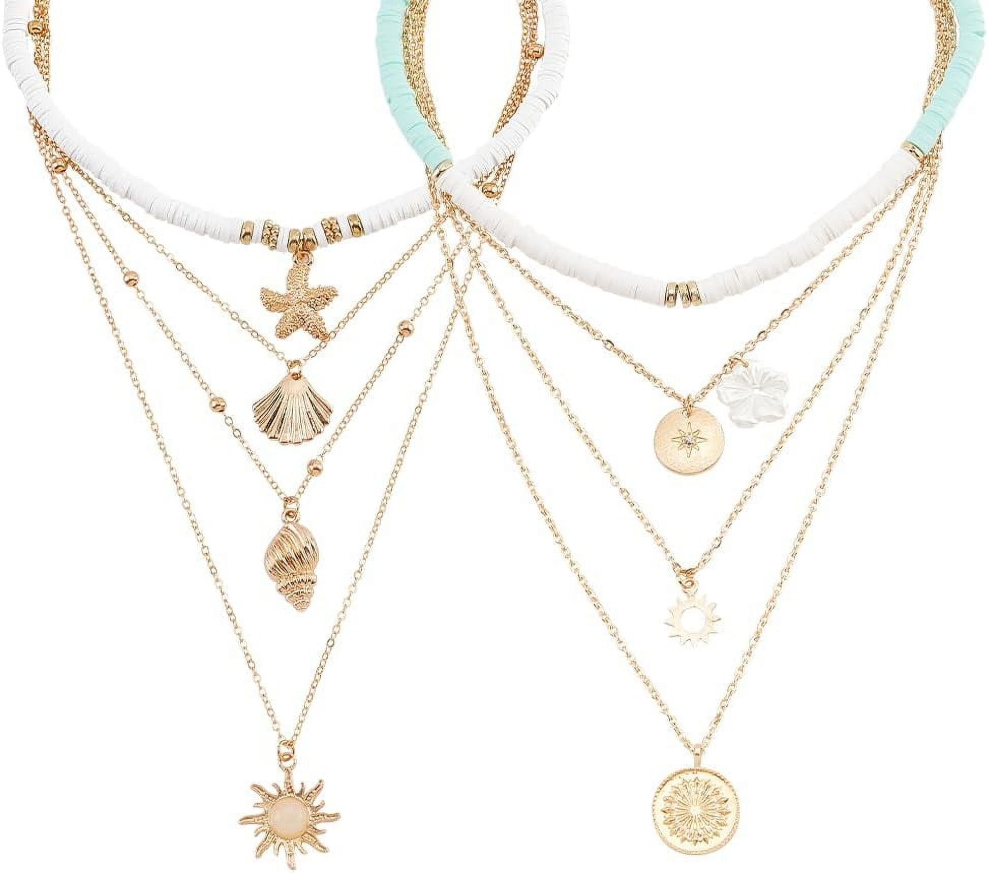 Layered Shell Necklace White Heishi Surfer Choker Layered Necklace ...