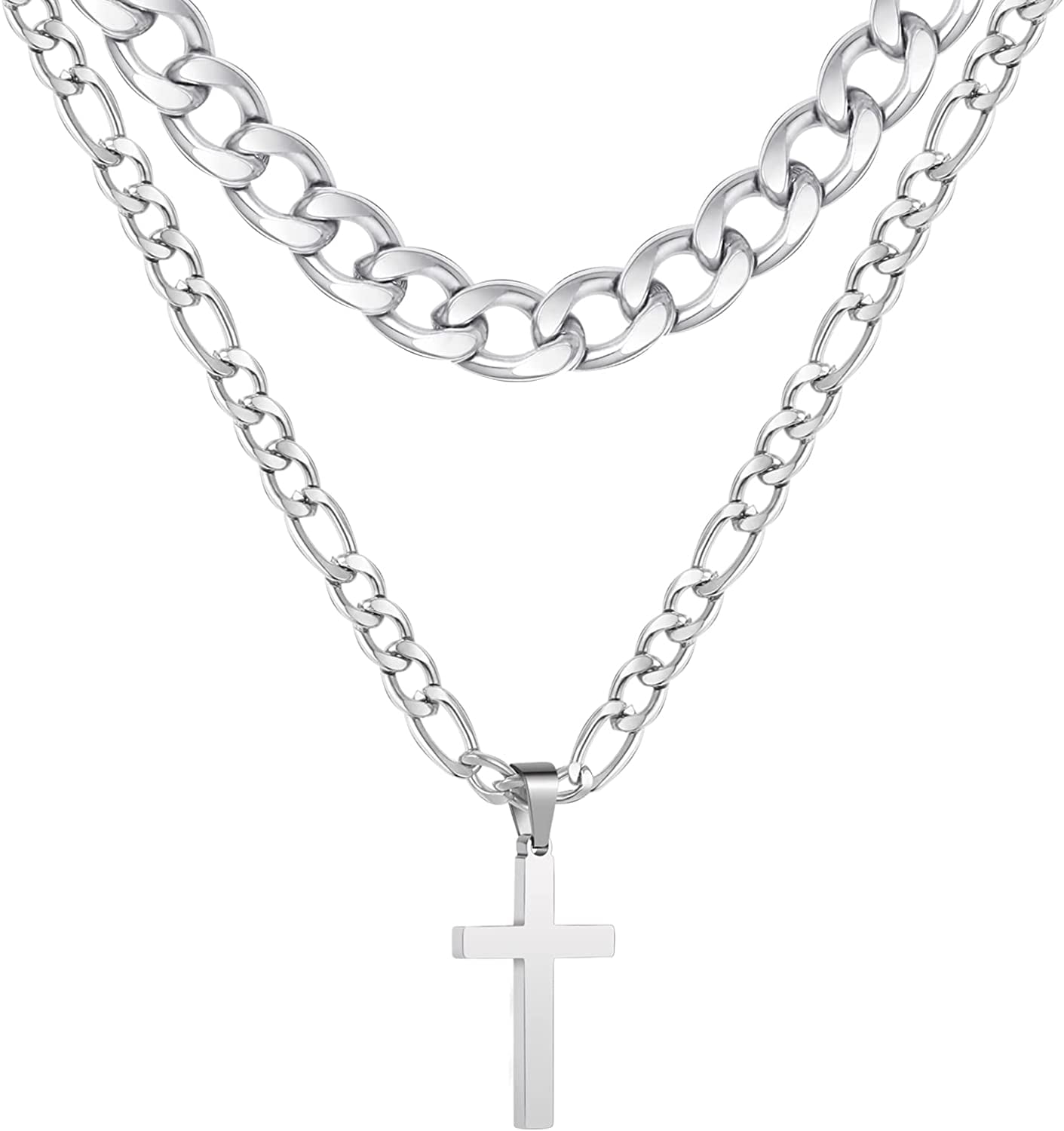 APSVO Layered Silver Cross Necklace For Men, Stainless Steel Figaro ...
