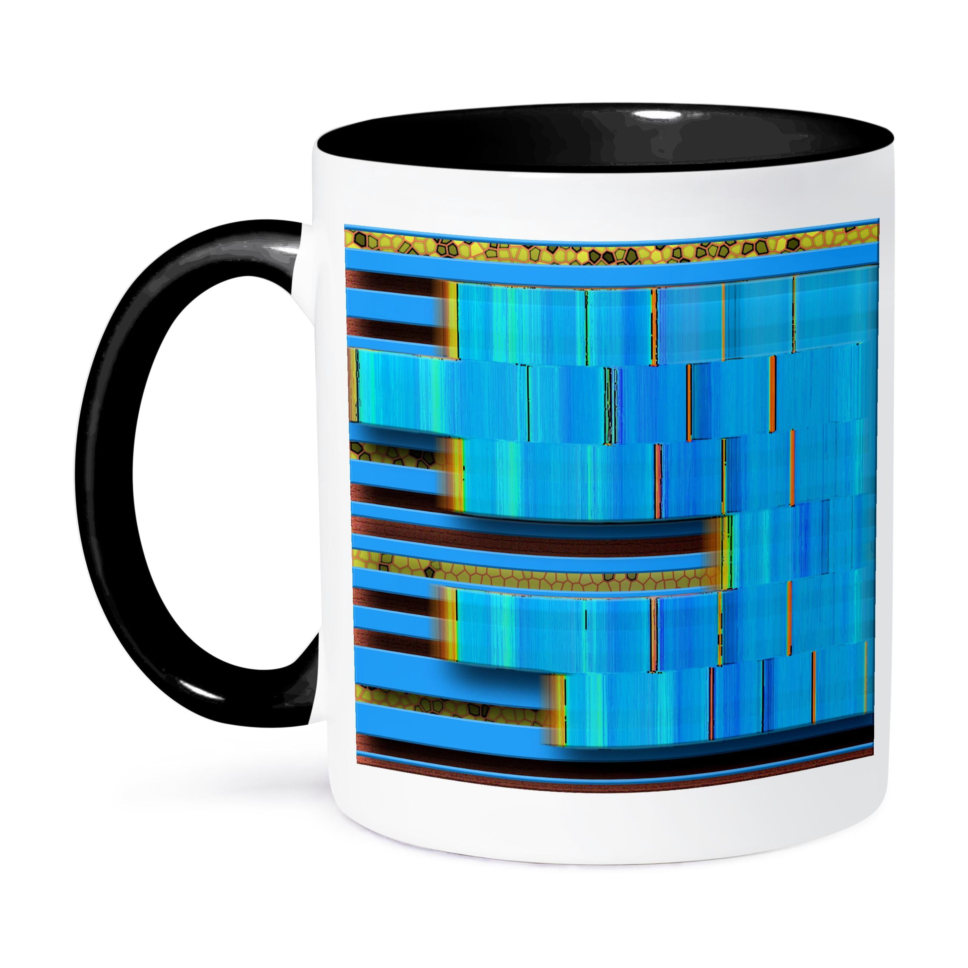 3dRose, Layers of blue on stained glass gold making a cool design, 11oz Two-Tone Black Mug ...