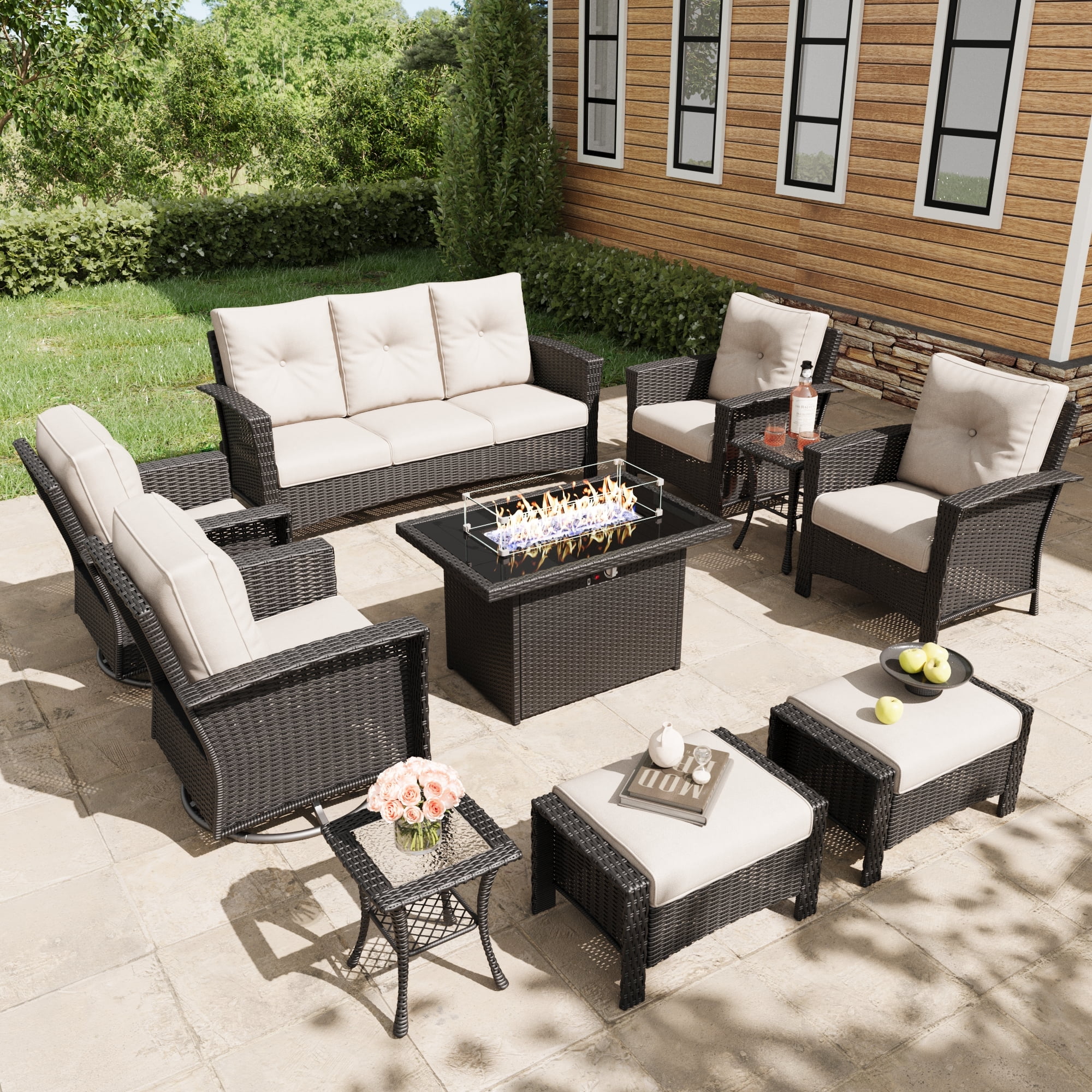 LayinSun 10 Piece Wicker Patio Furniture Set with Fire Pit Table ...
