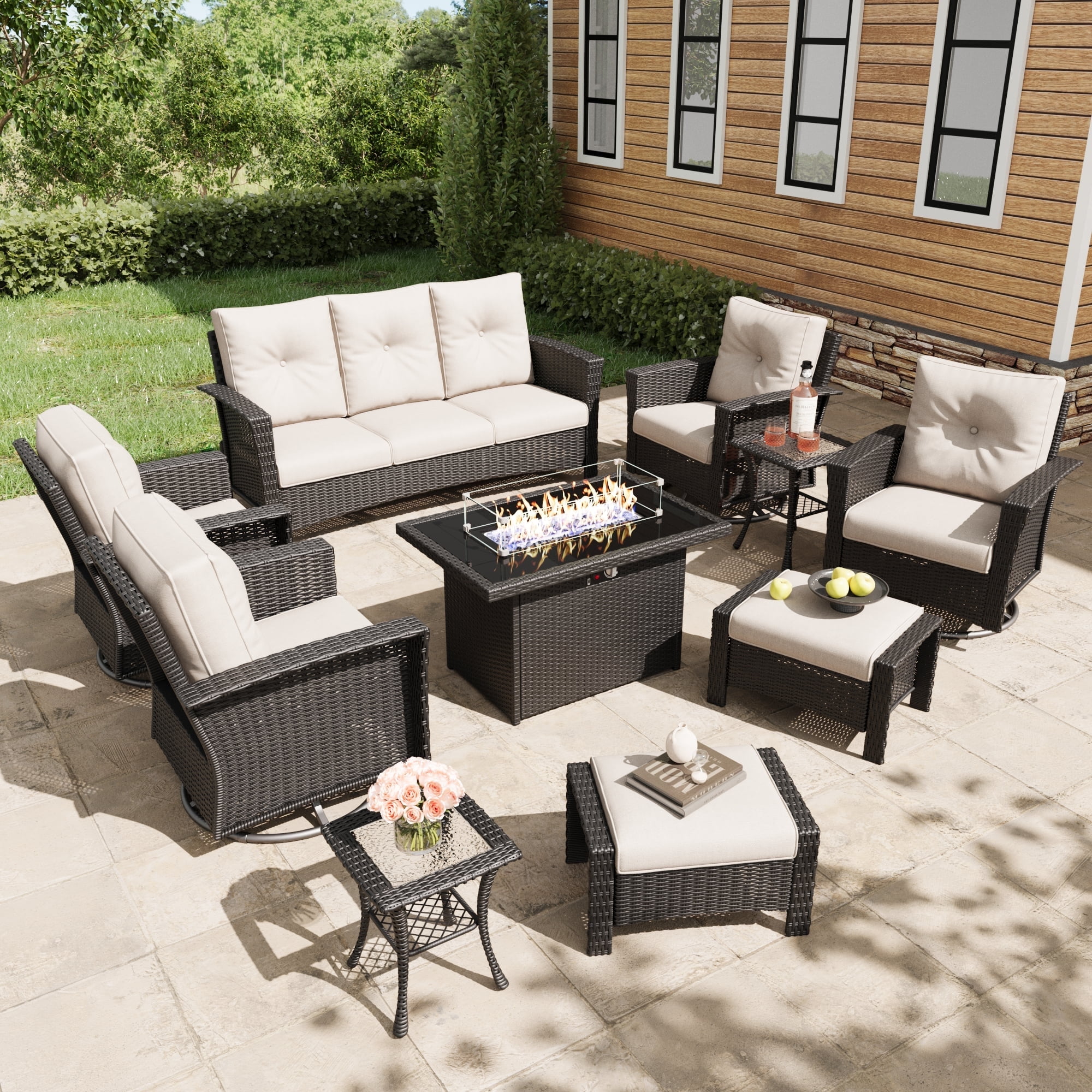 LayinSun 10 Piece Wicker Patio Furniture Set with Fire Pit Table ...