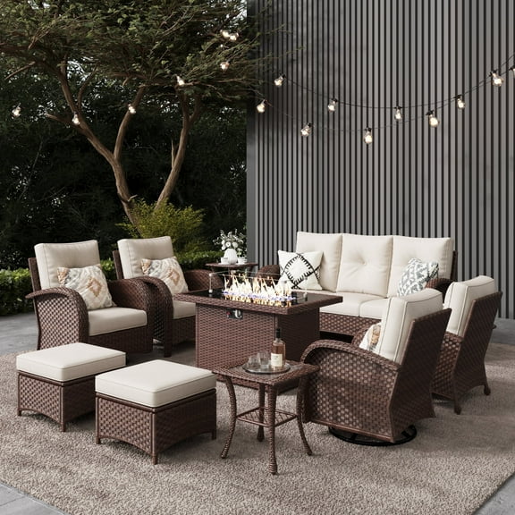 7 Piece Outdoor Patio Furniture Set with Fire Pit Table,Swivel Rocker ...