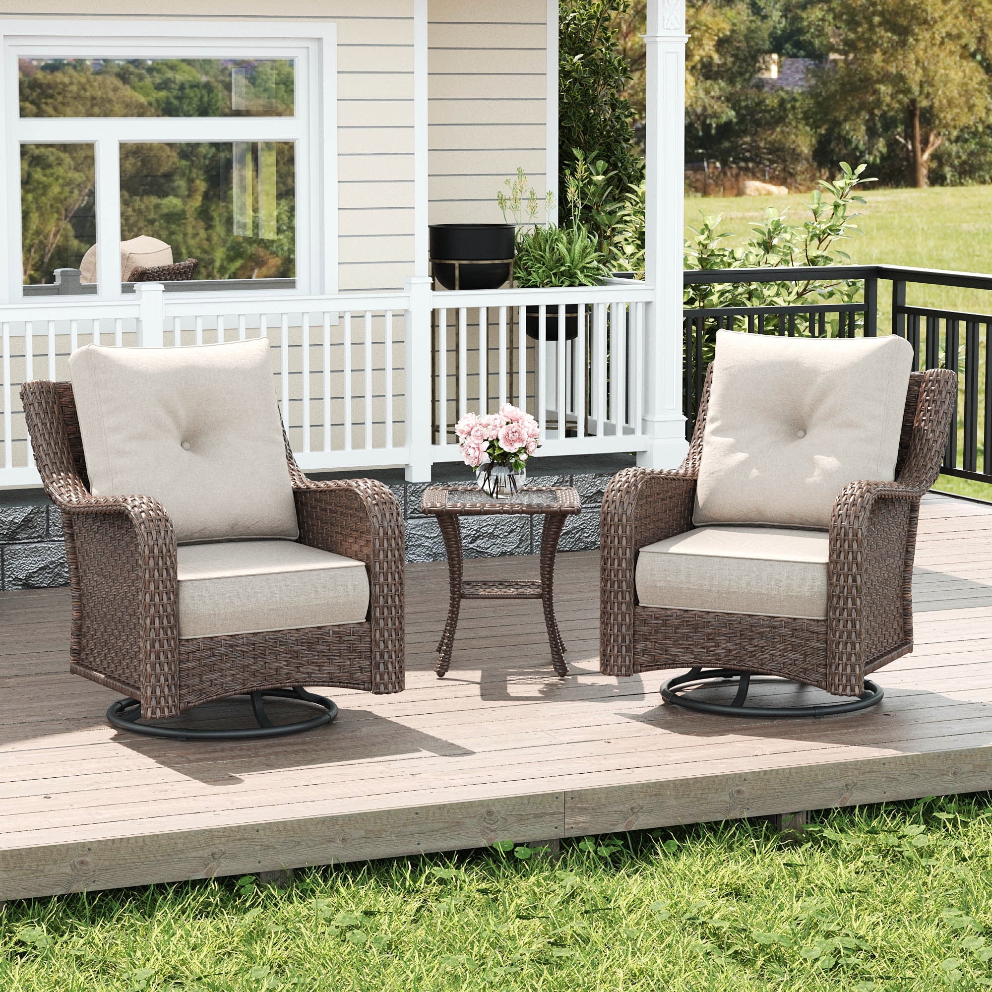 LayinSun 3 Piece Wicker Outdoor Furniture Set with 6-inch Comfy ...