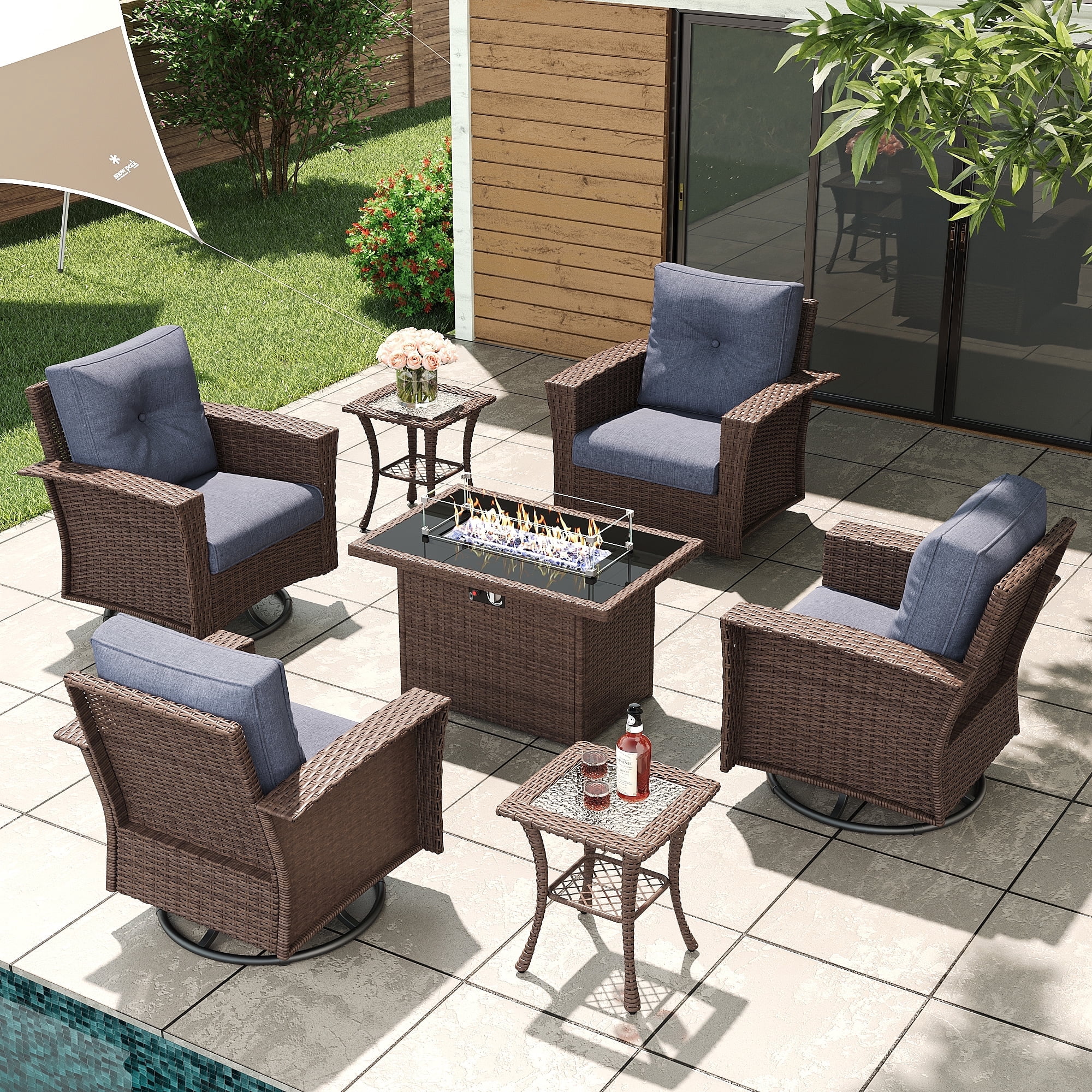 LayinSun 7 Piece Wicker Patio Furniture Set with Fire Pit Table ...
