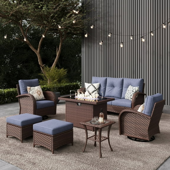 10-Seat Outdoor Wicker Patio Furniture Set with Fire Pit Table, Modular ...