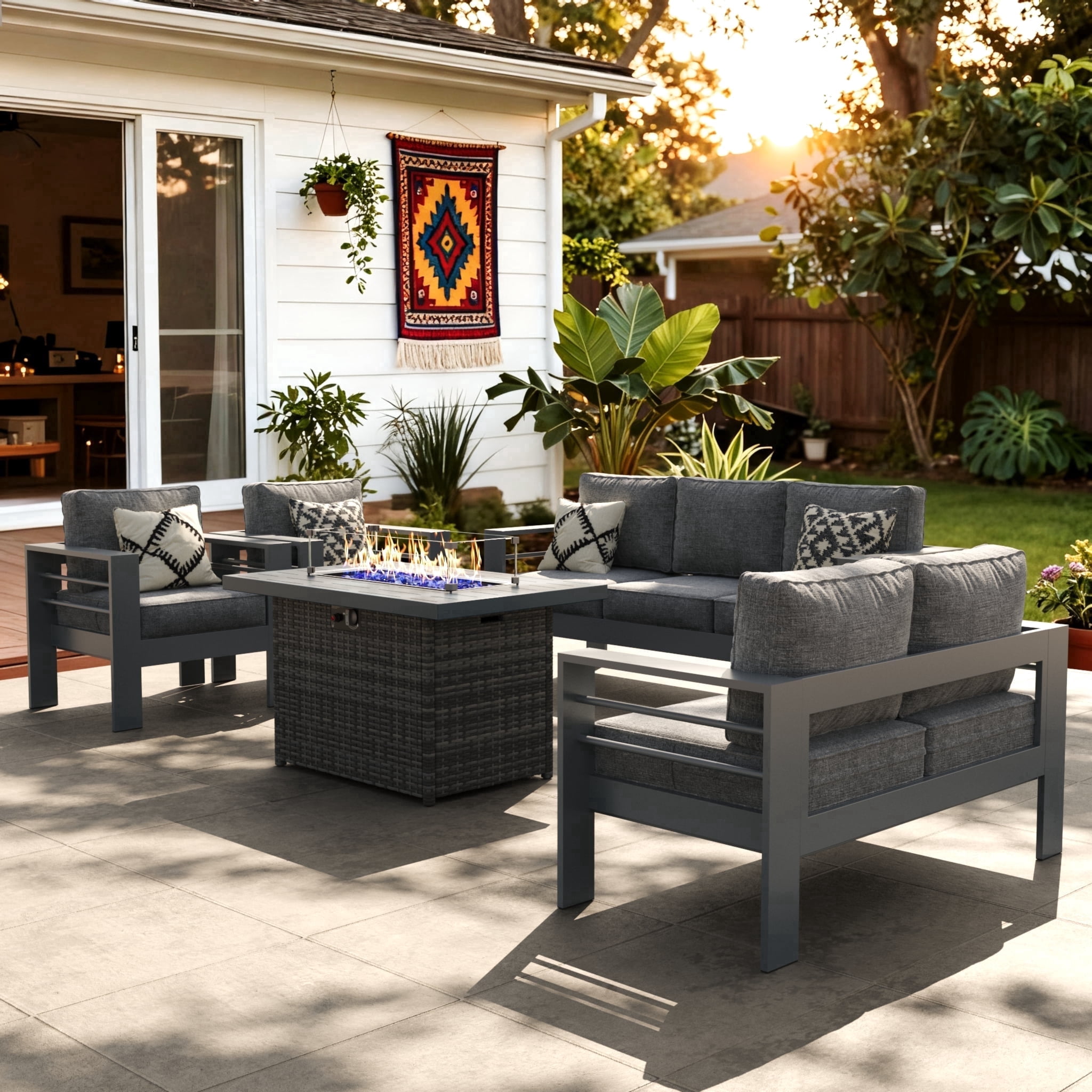 LayinSun Aluminum Furniture Set with Fire Pit Table, 5 Pieces Patio ...