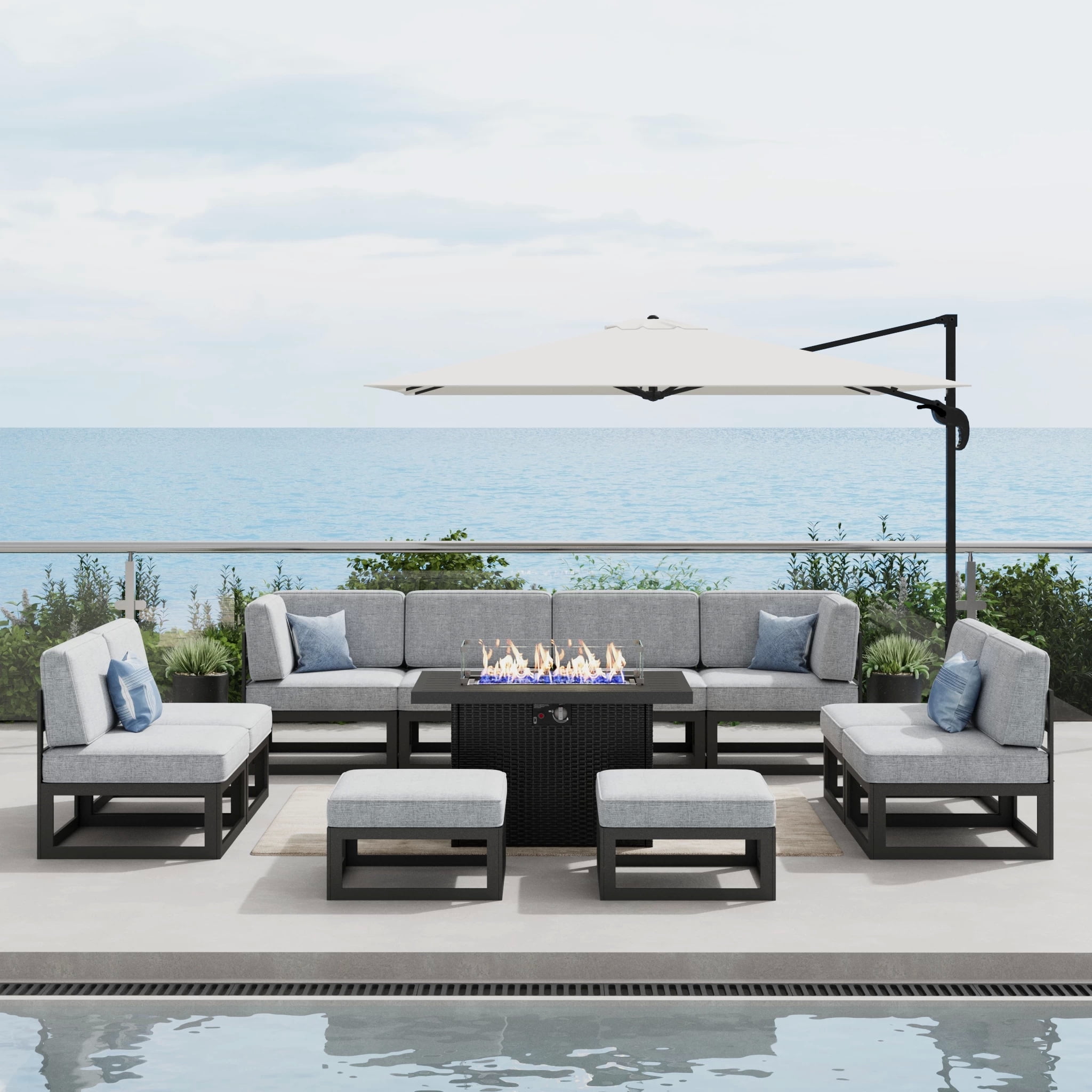 LayinSun Large Aluminum Patio Furniture Set with Fire Pit Table, 11 ...