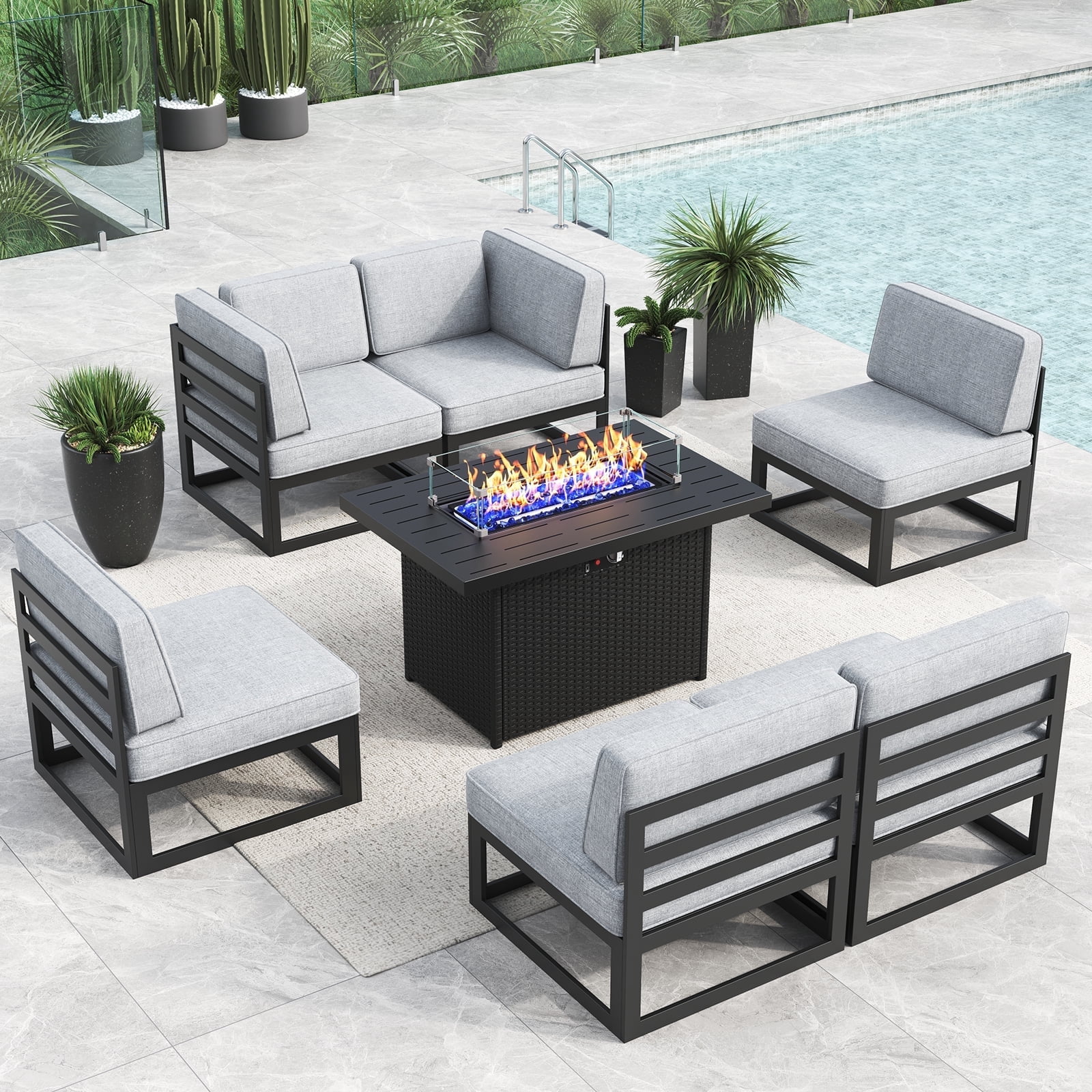 LayinSun Large Aluminum Patio Furniture Set with Fire Pit Table, 7 ...